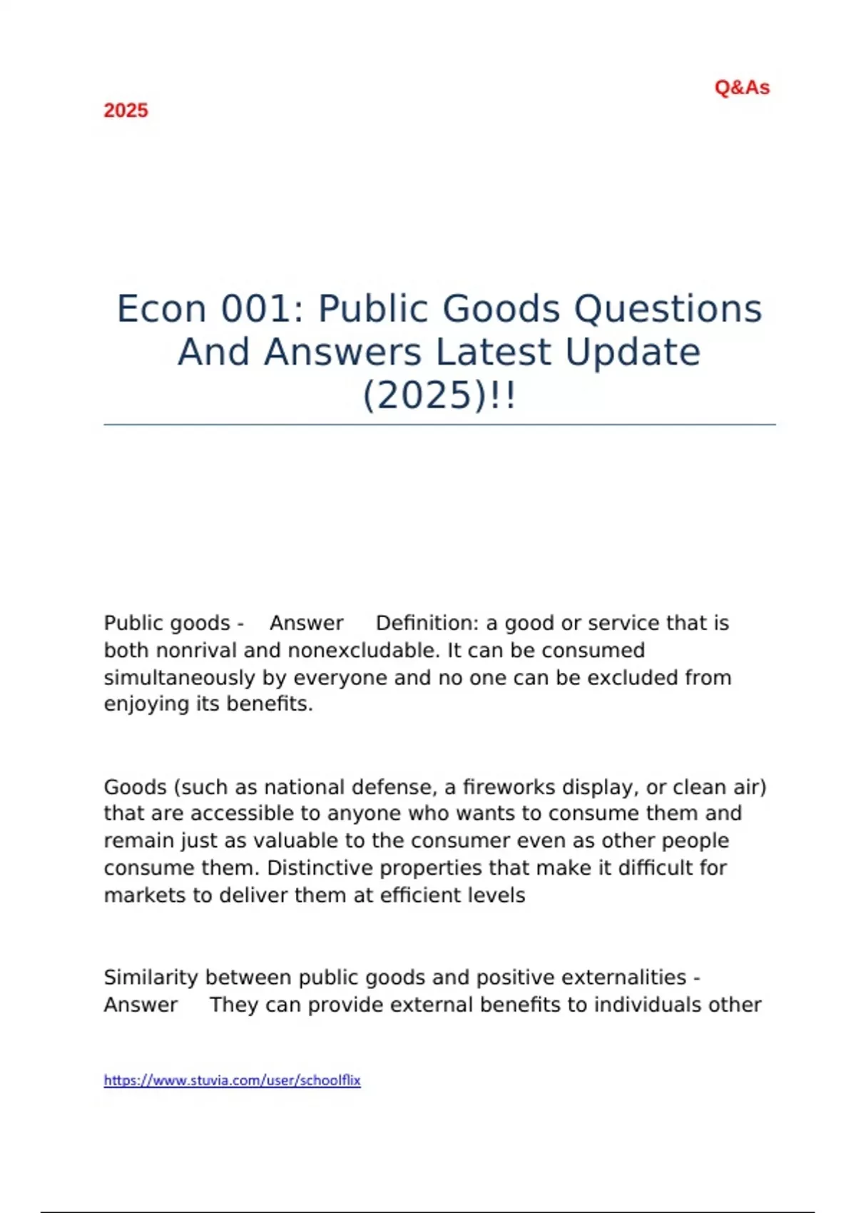 Econ 001 Public Goods Questions And Answers Latest Update (2025 ...