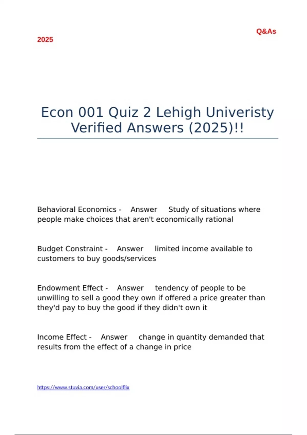 Econ 001 Quiz 2 Lehigh Univeristy Verified Answers (2025)!! - ECON 001 ...