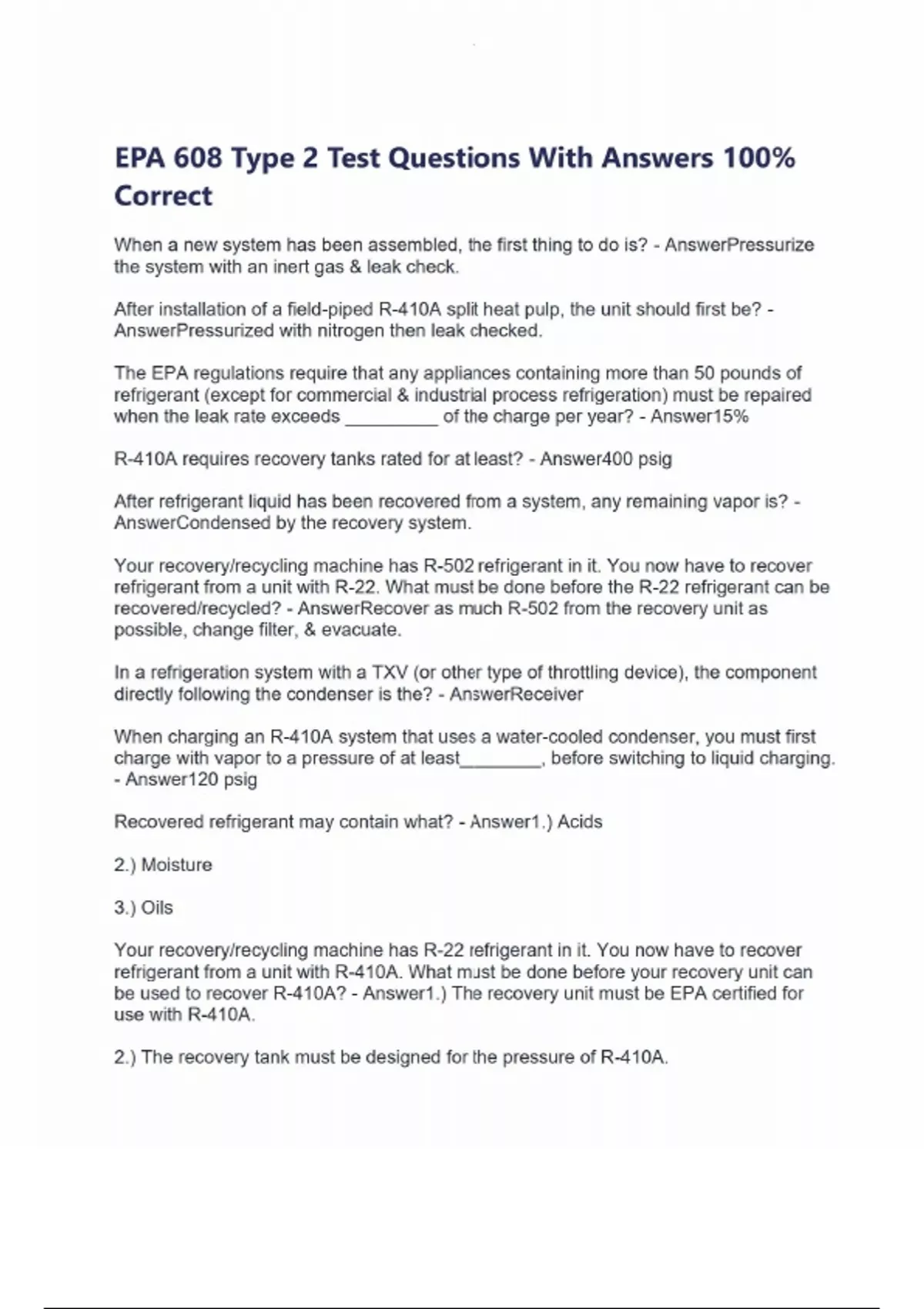 EPA 608 Type 2 Test Questions With Answers 100% Correct - EPA 608 ...