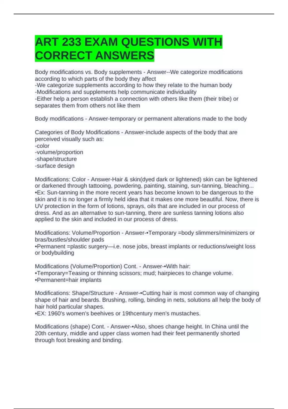 ART 233 EXAM QUESTIONS WITH CORRECT ANSWERS - Body Arts - Stuvia US