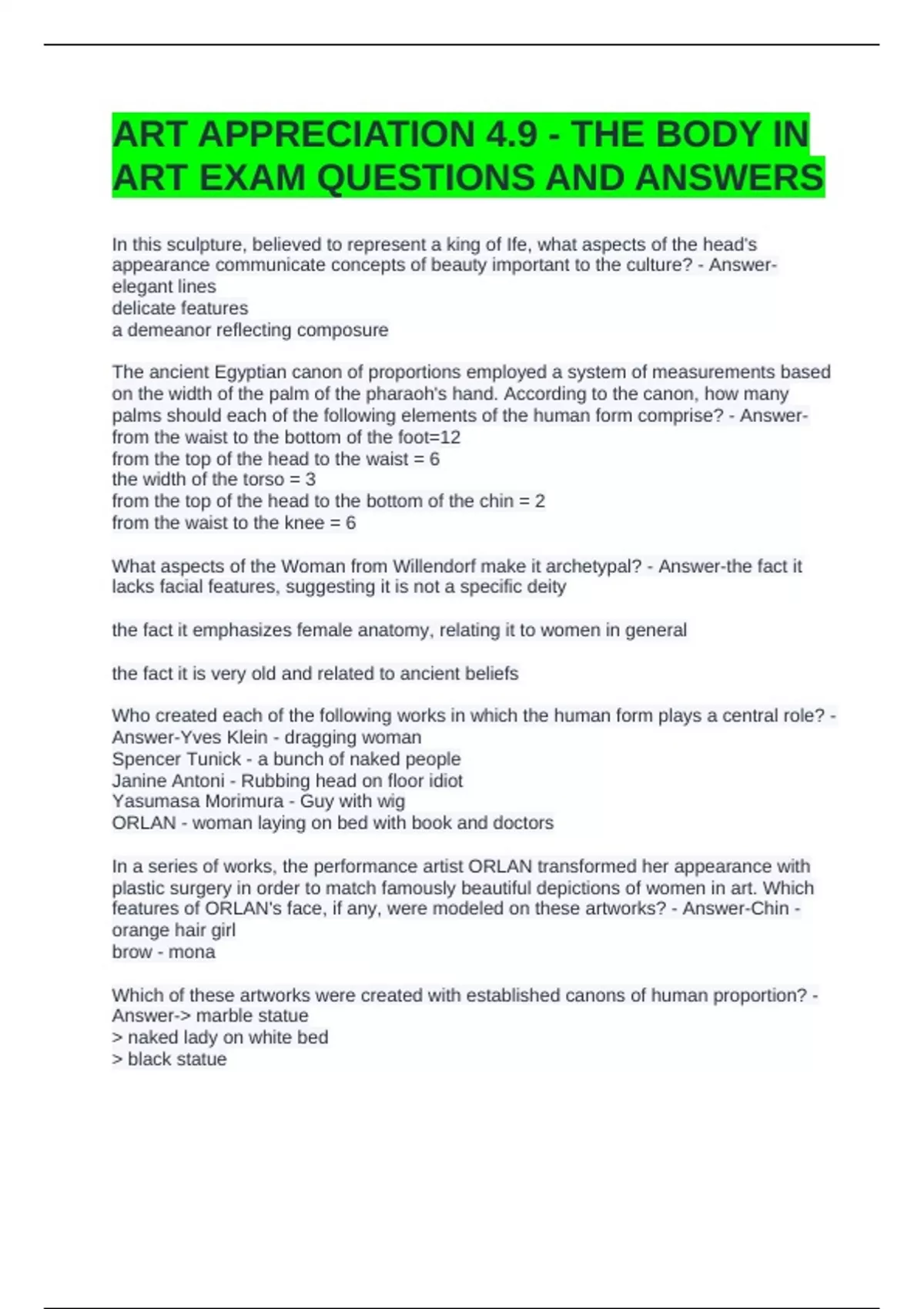 ART APPRECIATION 4.9 - THE BODY IN ART EXAM QUESTIONS AND ANSWERS ...