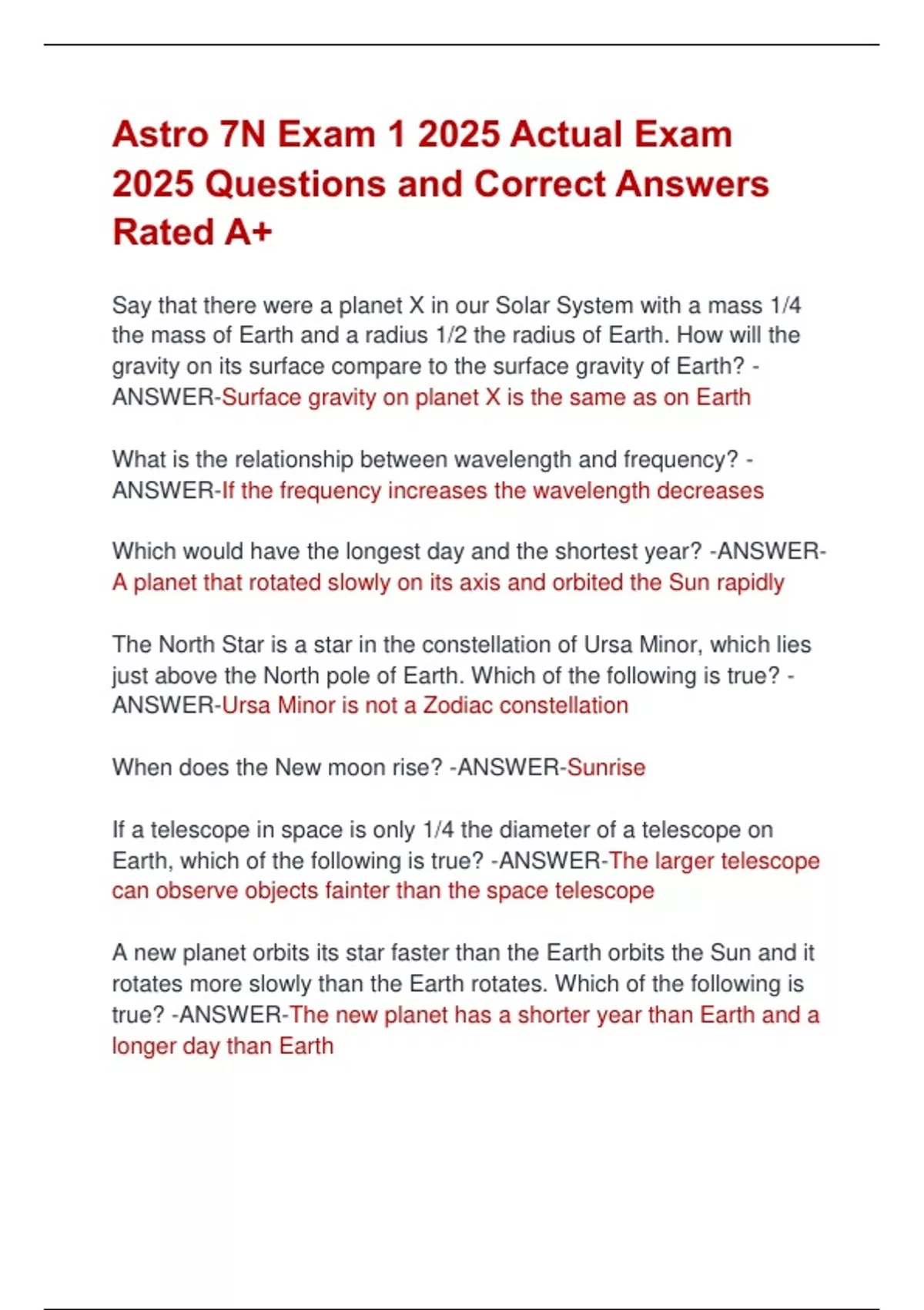 Astro 7N Exam 1 2025 Actual Exam 2025 Questions and Correct Answers ...