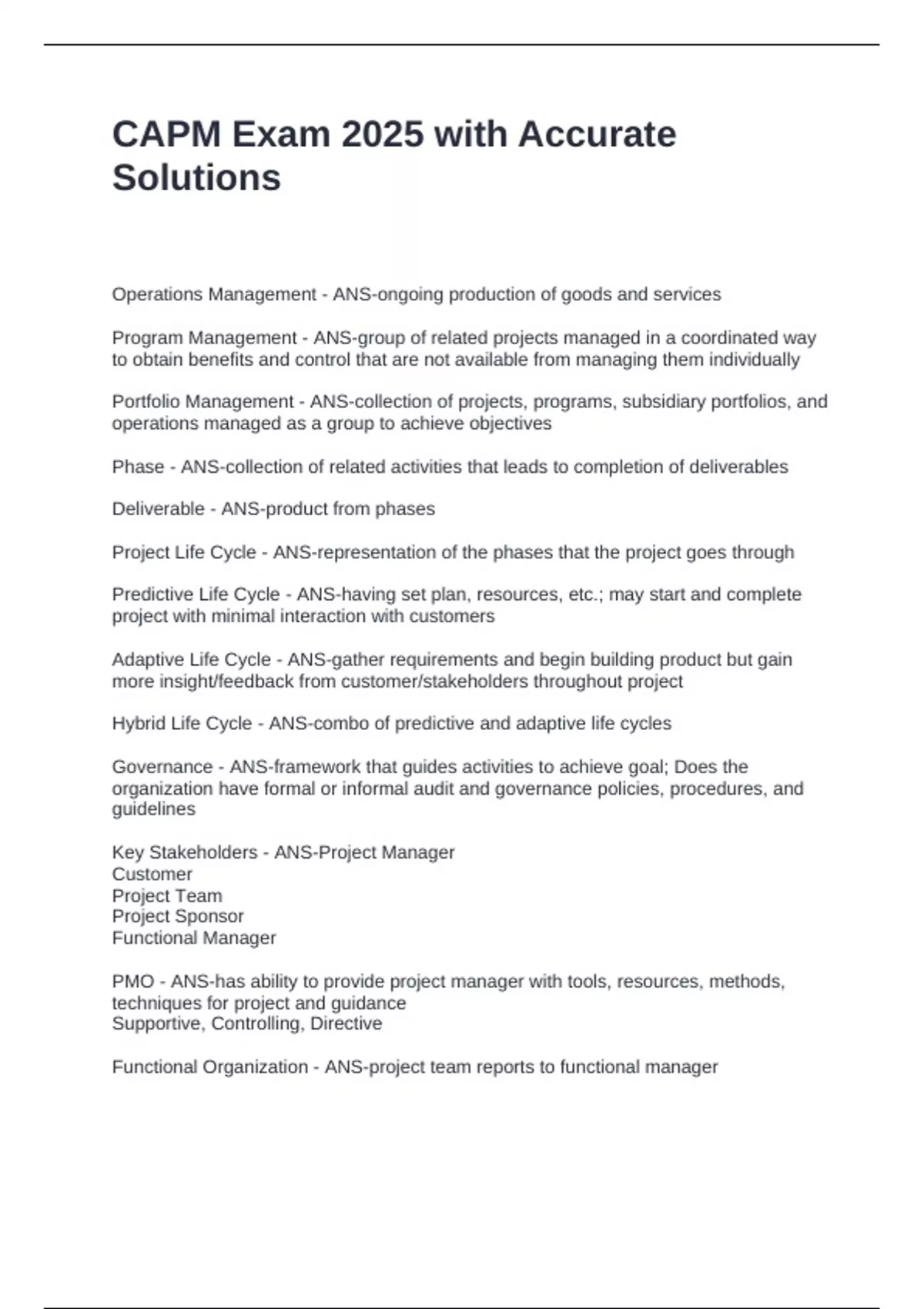 CAPM Exam 2025 with Accurate Solutions - CAPM - Certified Associate in ...