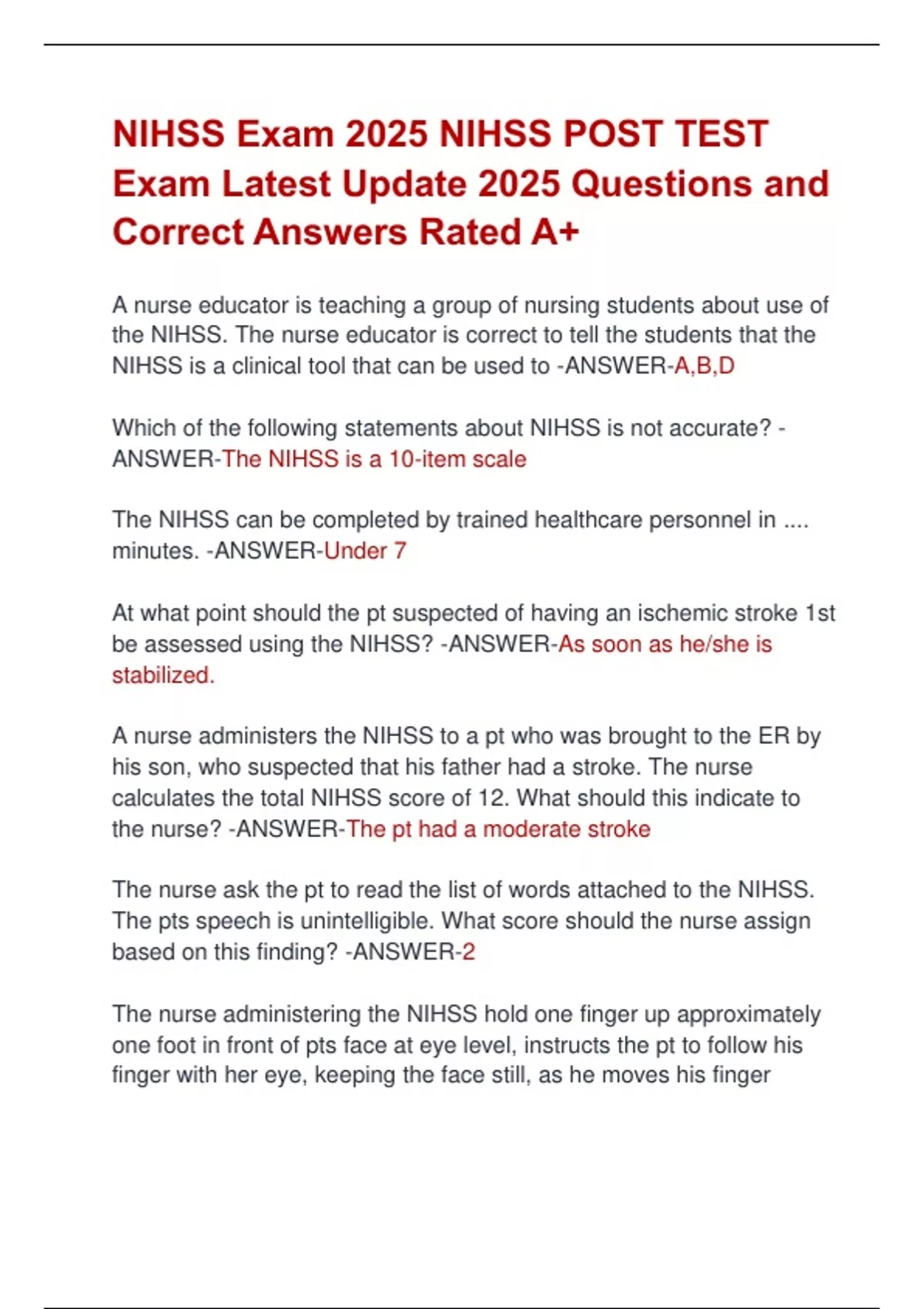 NIHSS Exam 2025 NIHSS POST TEST Exam Latest Update 2025 Questions and ...
