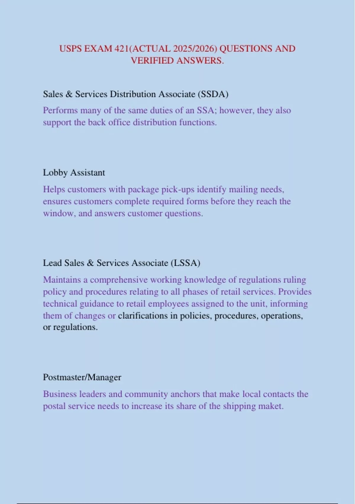 USPS EXAM 421(ACTUAL 2025/2026) QUESTIONS AND VERIFIED ANSWERS - USPS 421 - Stuvia US