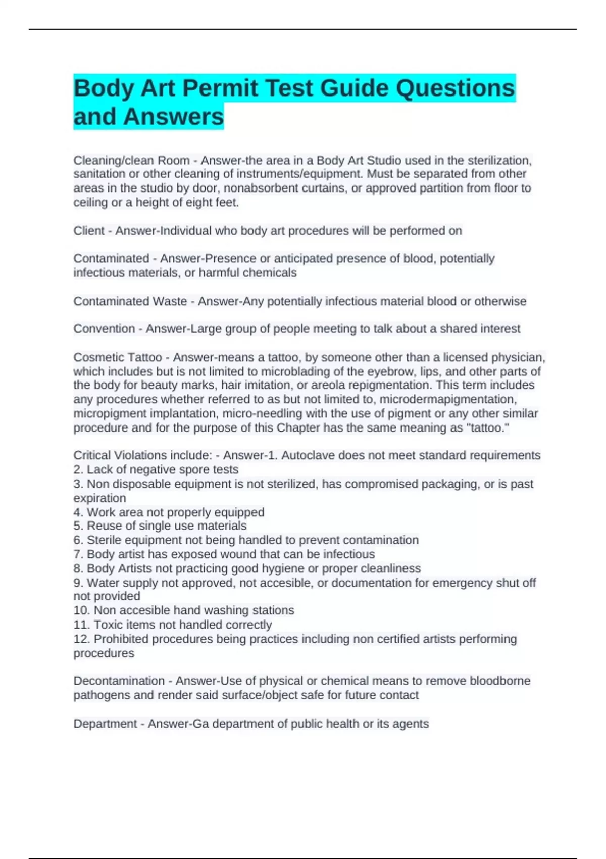 BODY ART PERMIT TEST GUIDE QUESTIONS AND ANSWERS - Body Arts - Stuvia US
