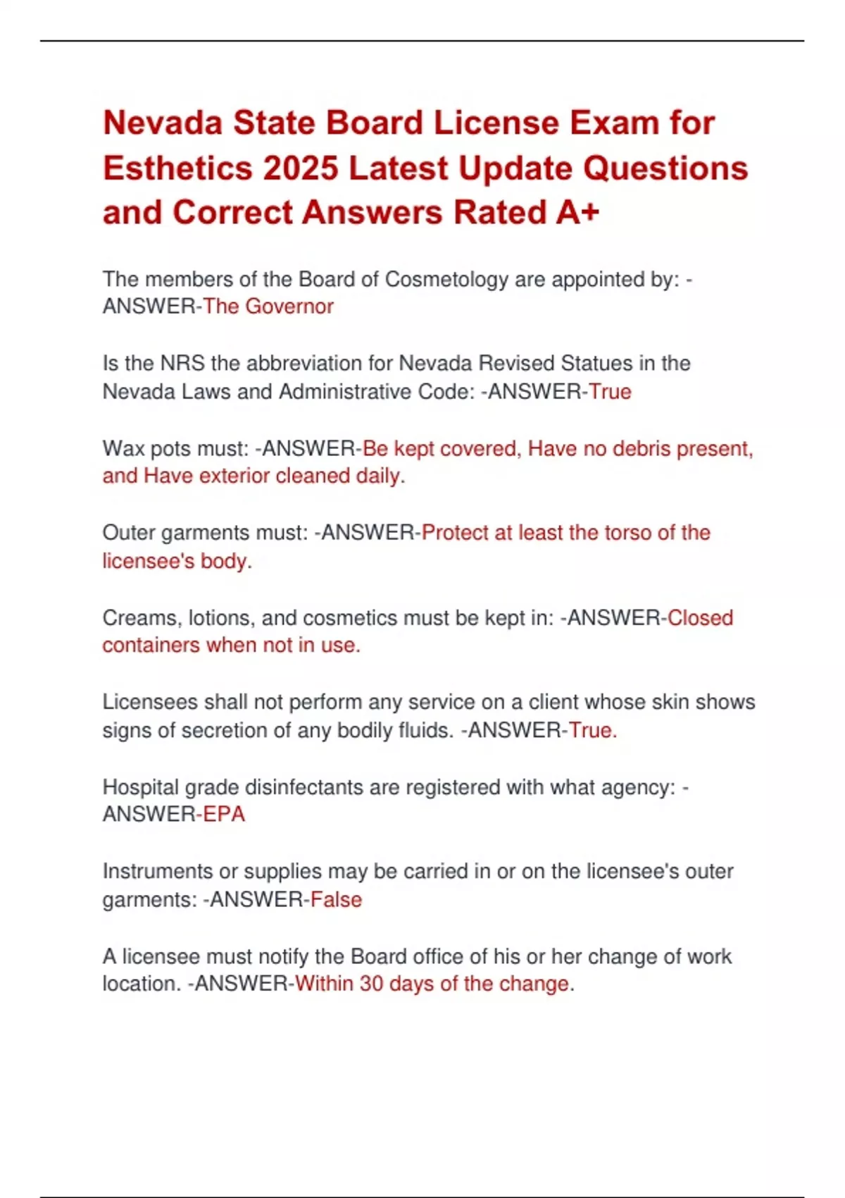 Nevada State Board License Exam for Esthetics 2025 Latest Update ...