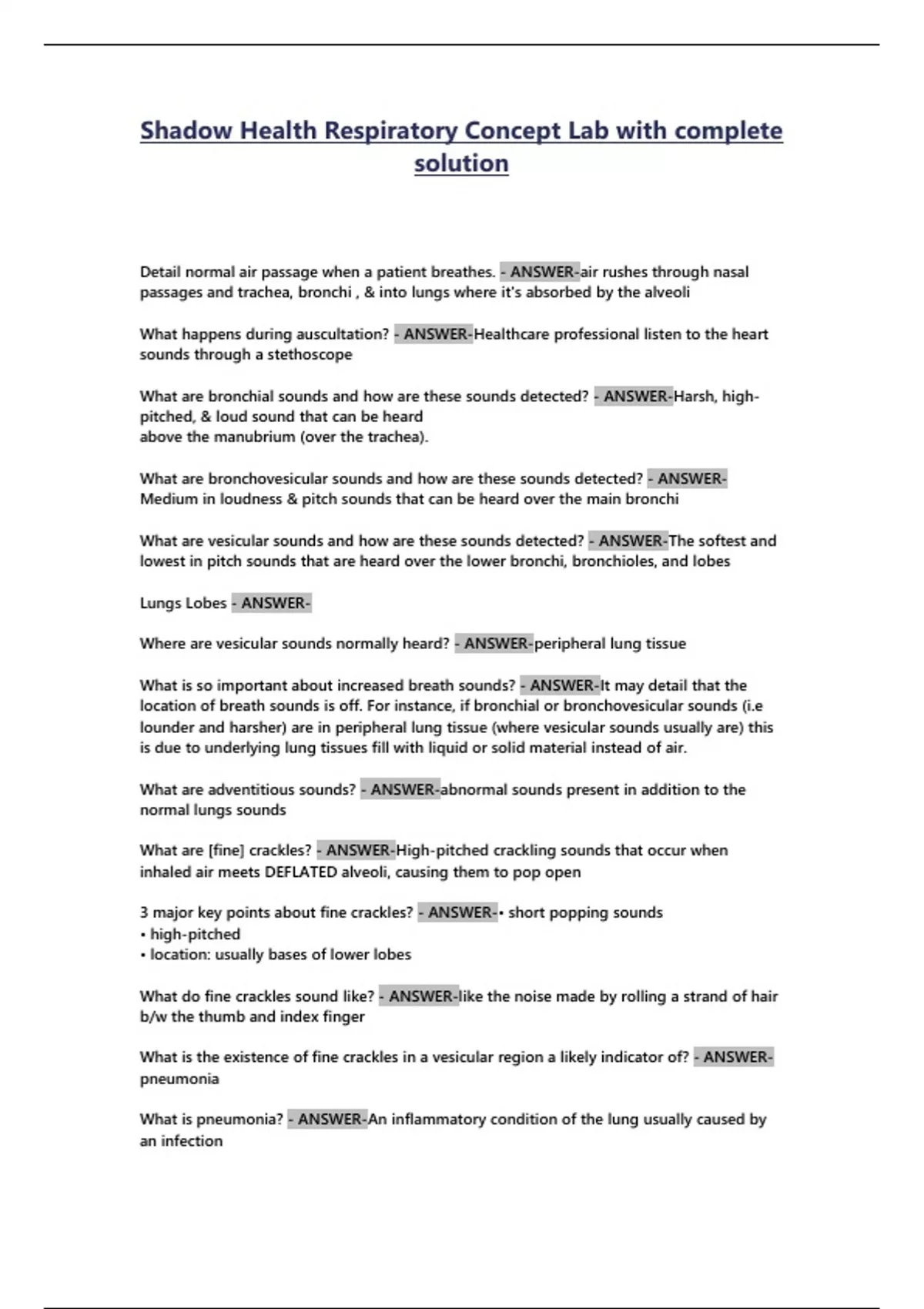 Shadow Health Respiratory Concept Lab with complet - Respiratory ...