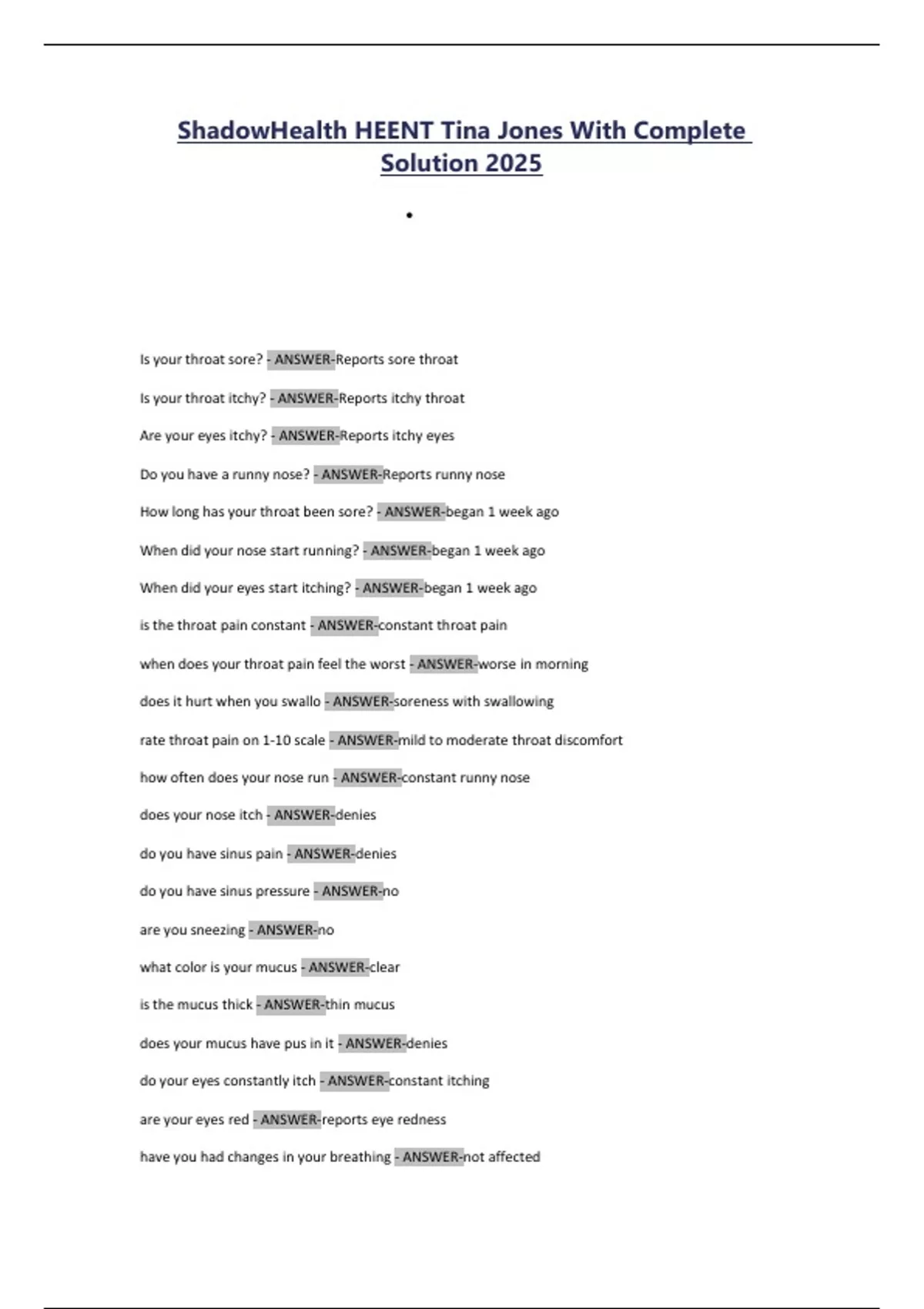 ShadowHealth HEENT Tina Jones With Complete Solutions - Shadow health ...