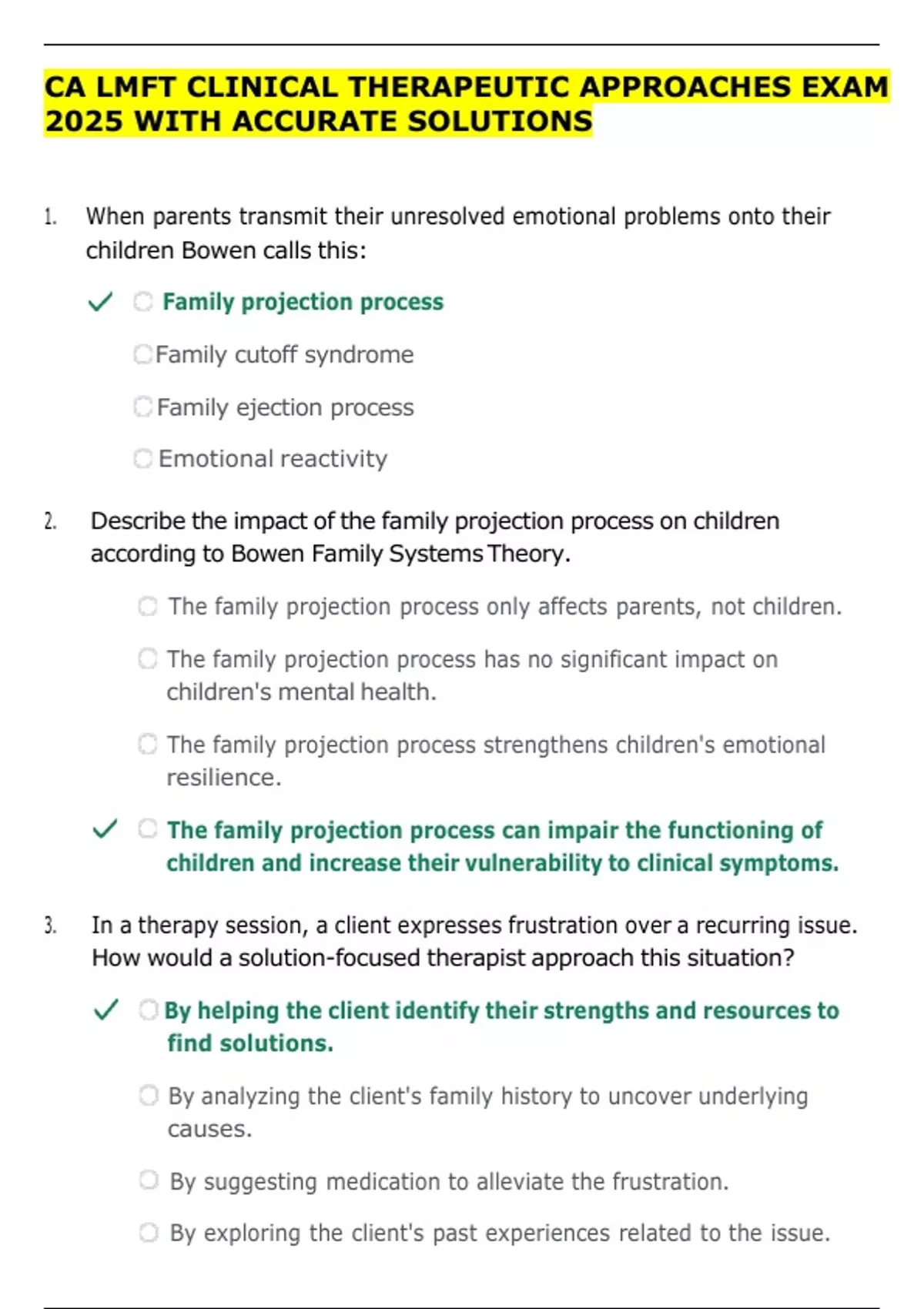 CA LMFT CLINICAL THERAPEUTIC APPROACHES EXAM 2025 WITH ACCURATE ...