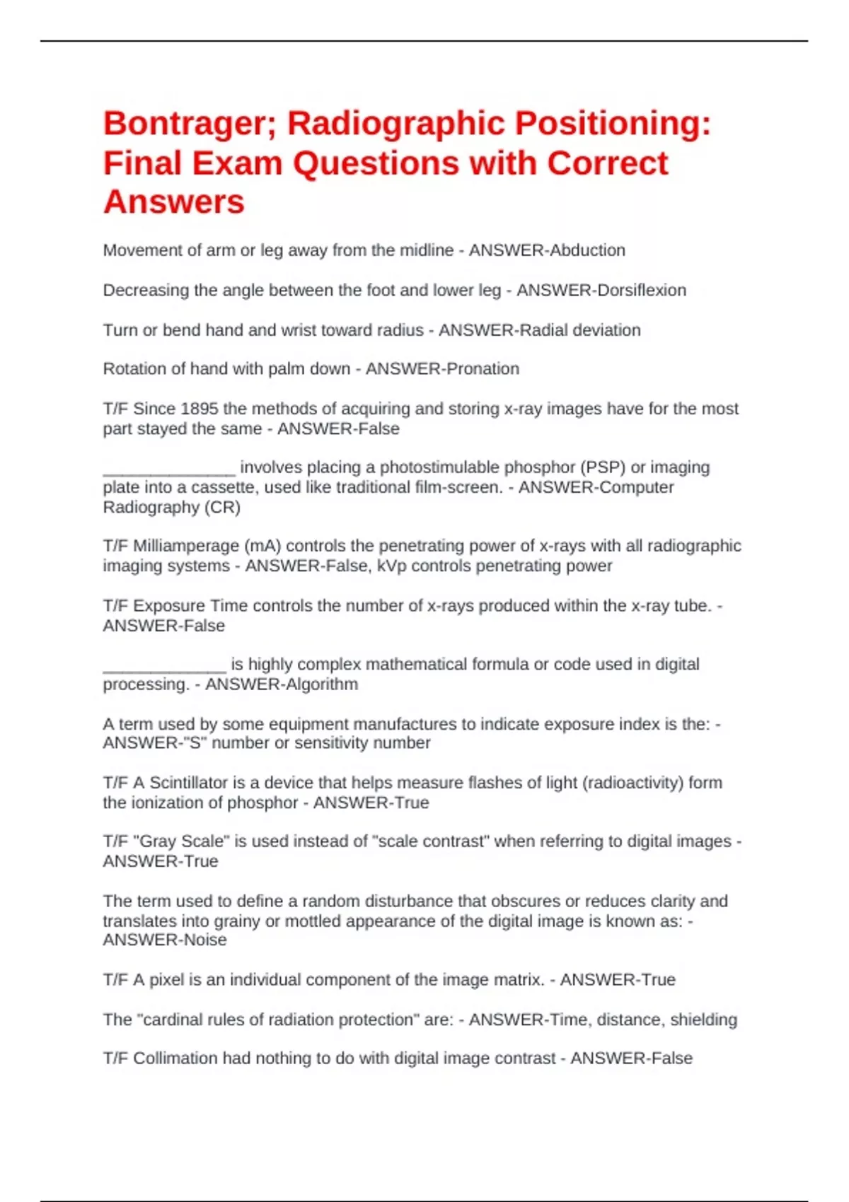Bontrager; Radiographic Positioning: Final Exam Questions with Correct ...