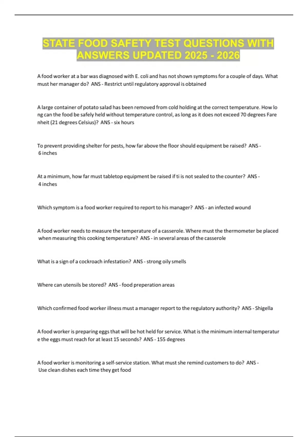 STATE FOOD SAFETY TEST QUESTIONS WITH ANSWERS UPDATED - State Food ...