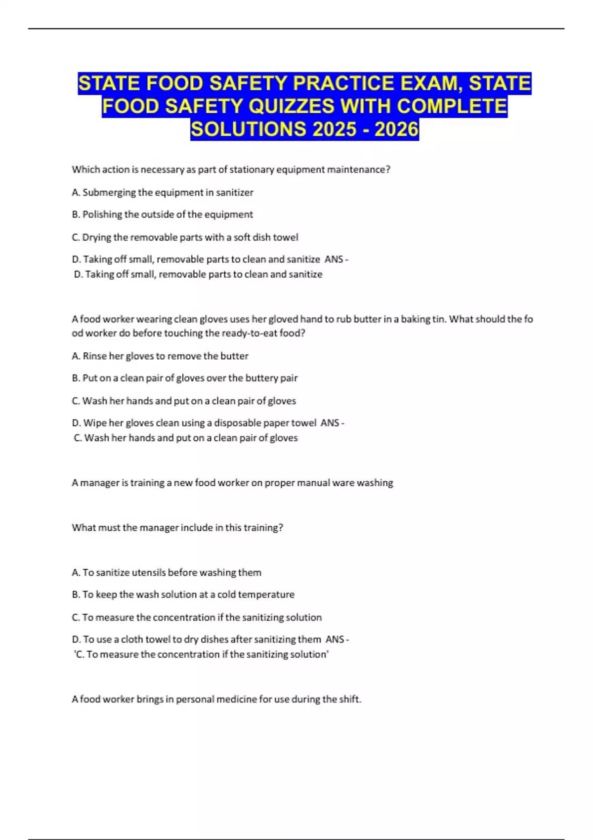 STATE FOOD SAFETY PRACTICE EXAM, STATE FOOD SAFETY QUIZZES WITH ...