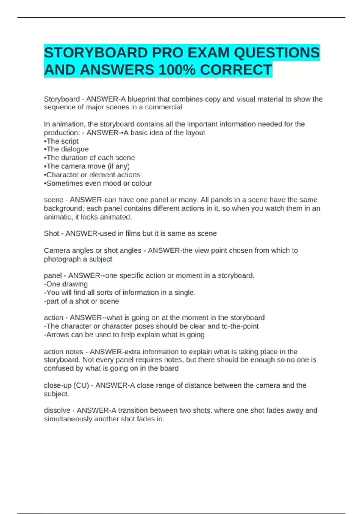 STORYBOARD PRO EXAM QUESTIONS AND ANSWERS 100% CORRECT - STORYBOARD PRO ...