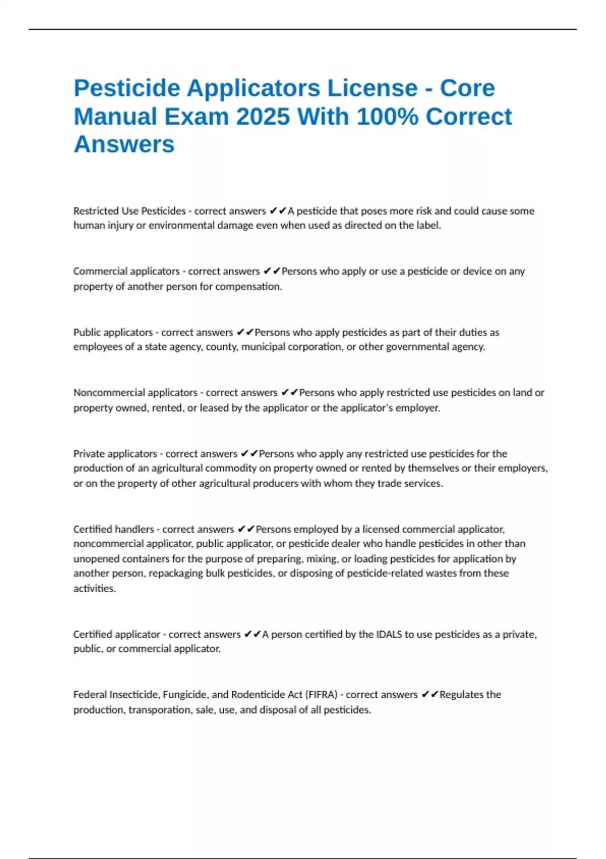 Pesticide Applicators License - Core Manual Exam 2025 With 100% Correct ...