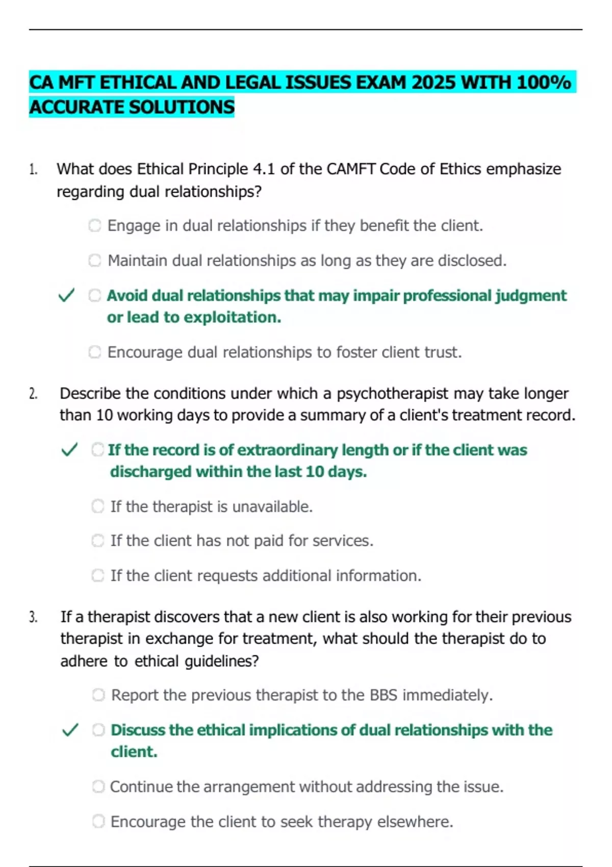 CA MFT ETHICAL AND LEGAL ISSUES EXAM 2025 WITH 100% ACCURATE SOLUTIONS ...