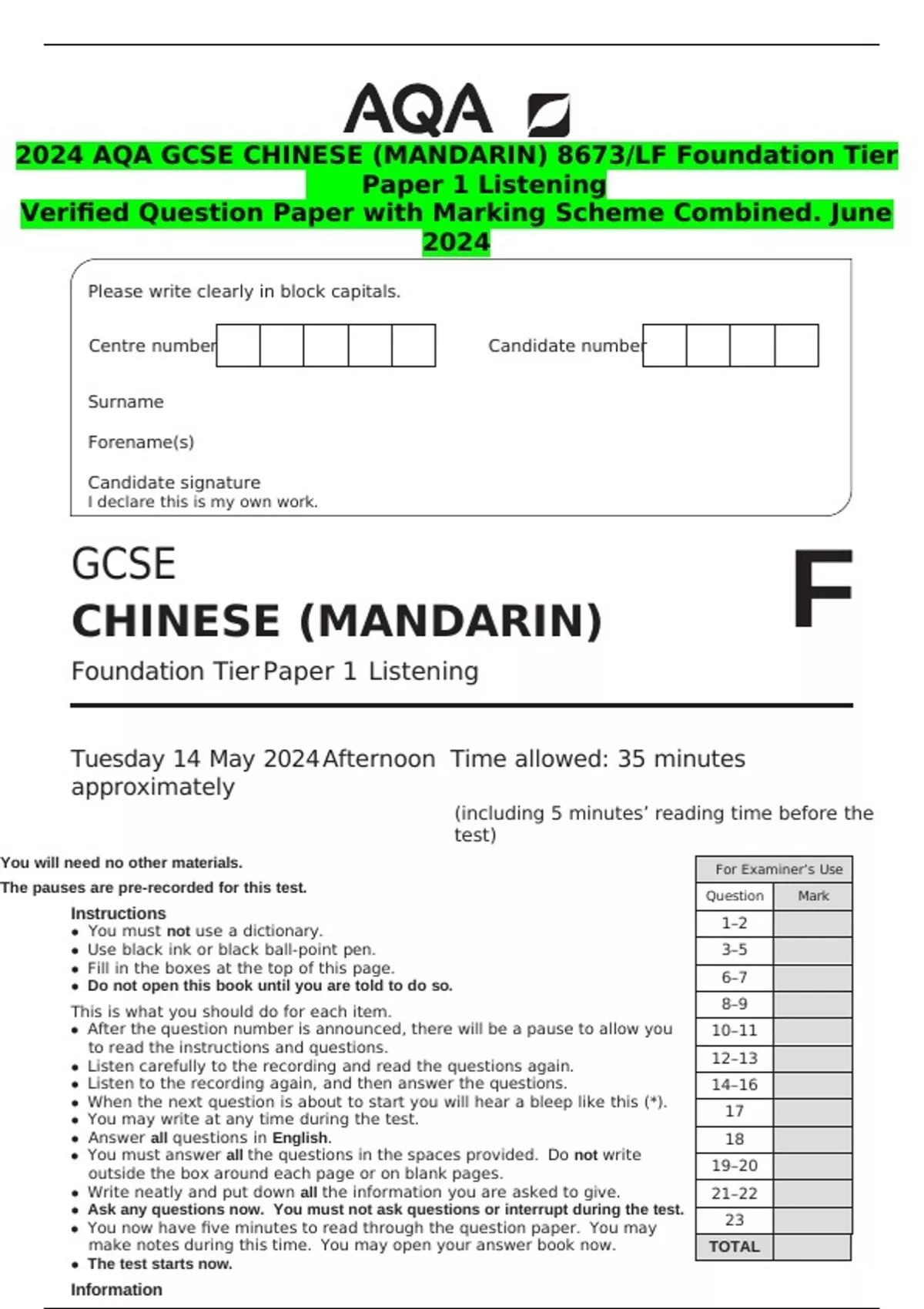 2024 AQA GCSE CHINESE (MANDARIN) 8673/LF Foundation Tier Paper 1 ...