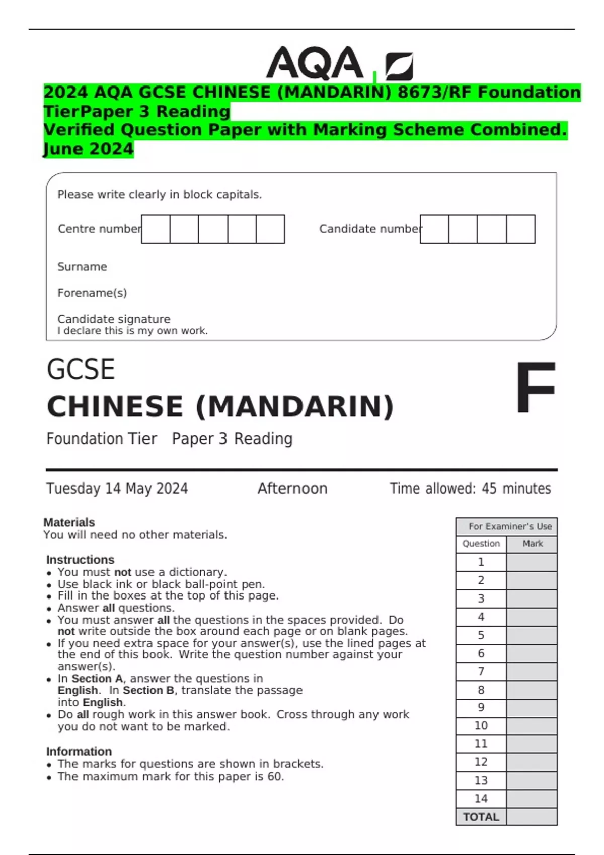 2024 AQA GCSE CHINESE (MANDARIN) 8673/RF Foundation Tier Paper 3 ...