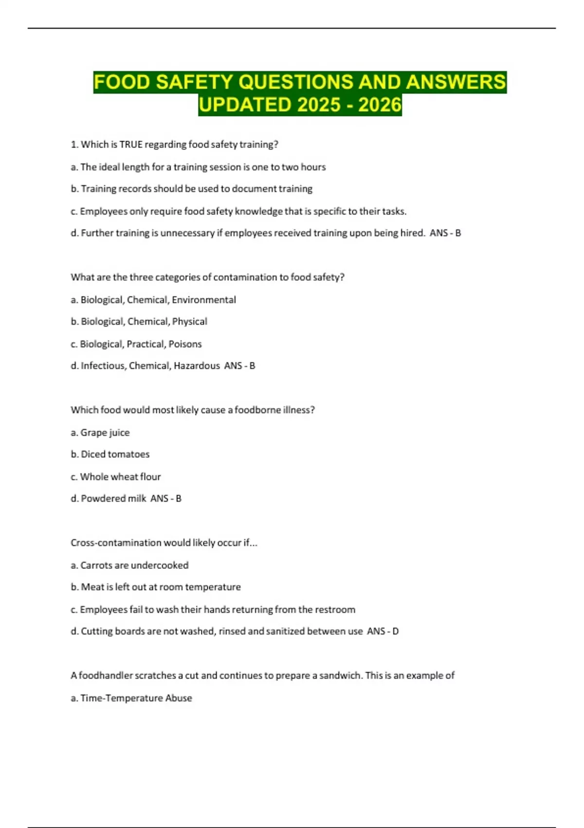 FOOD SAFETY QUESTIONS AND ANSWERS UPDATED - State Food Safety - Stuvia US