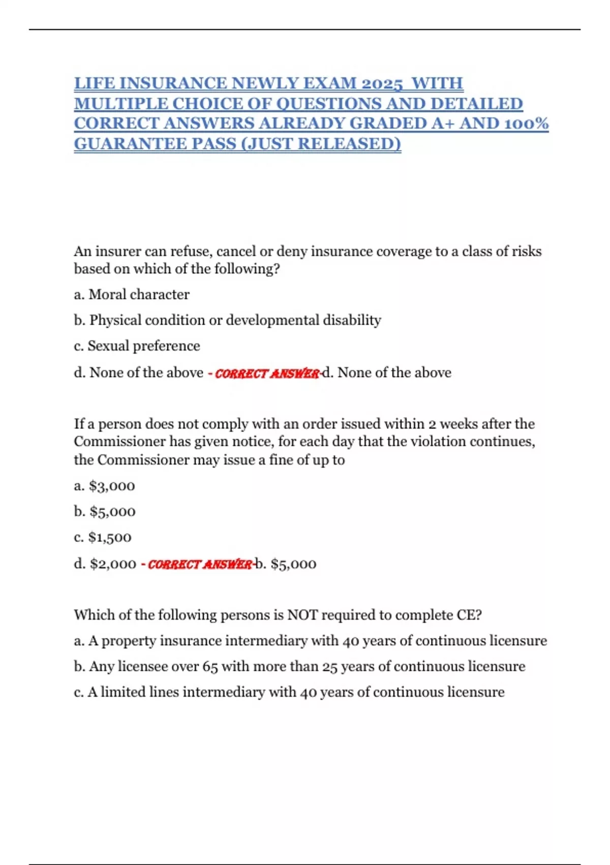 LIFE INSURANCE LIFE NEWEST EXAM 2025 PRACTICE WITH MULTIPLE CHOICE OF ...