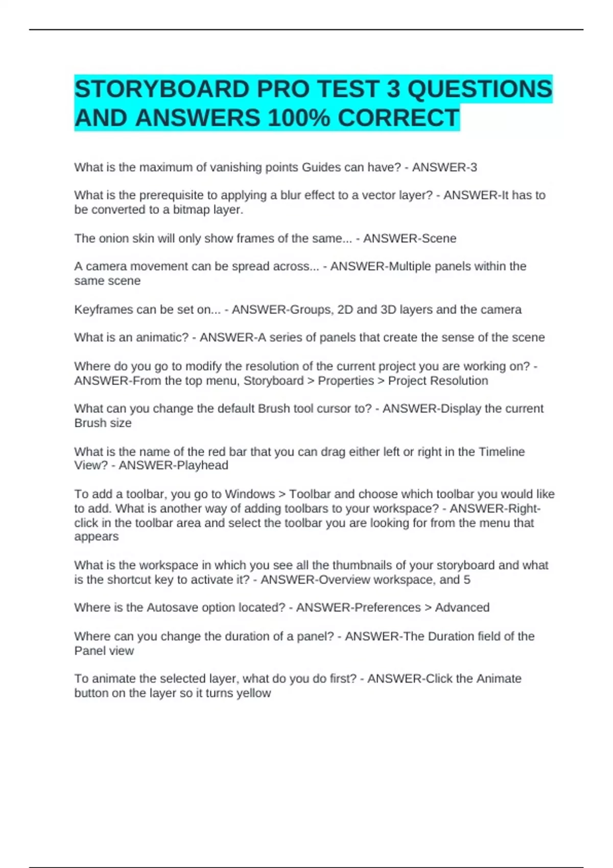 STORYBOARD PRO TEST 3 QUESTIONS AND ANSWERS 100% CORRECT - STORYBOARD ...