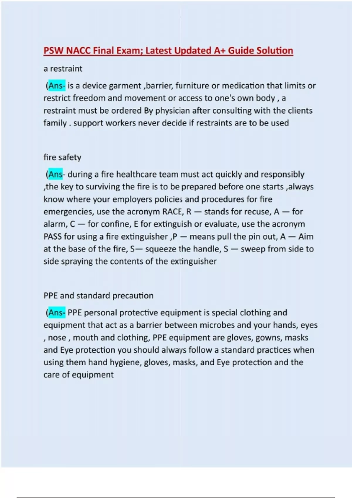 PSW NACC/PSW NACC Final Exam Study Guide/PSW NACC Final Exam; Latest ...