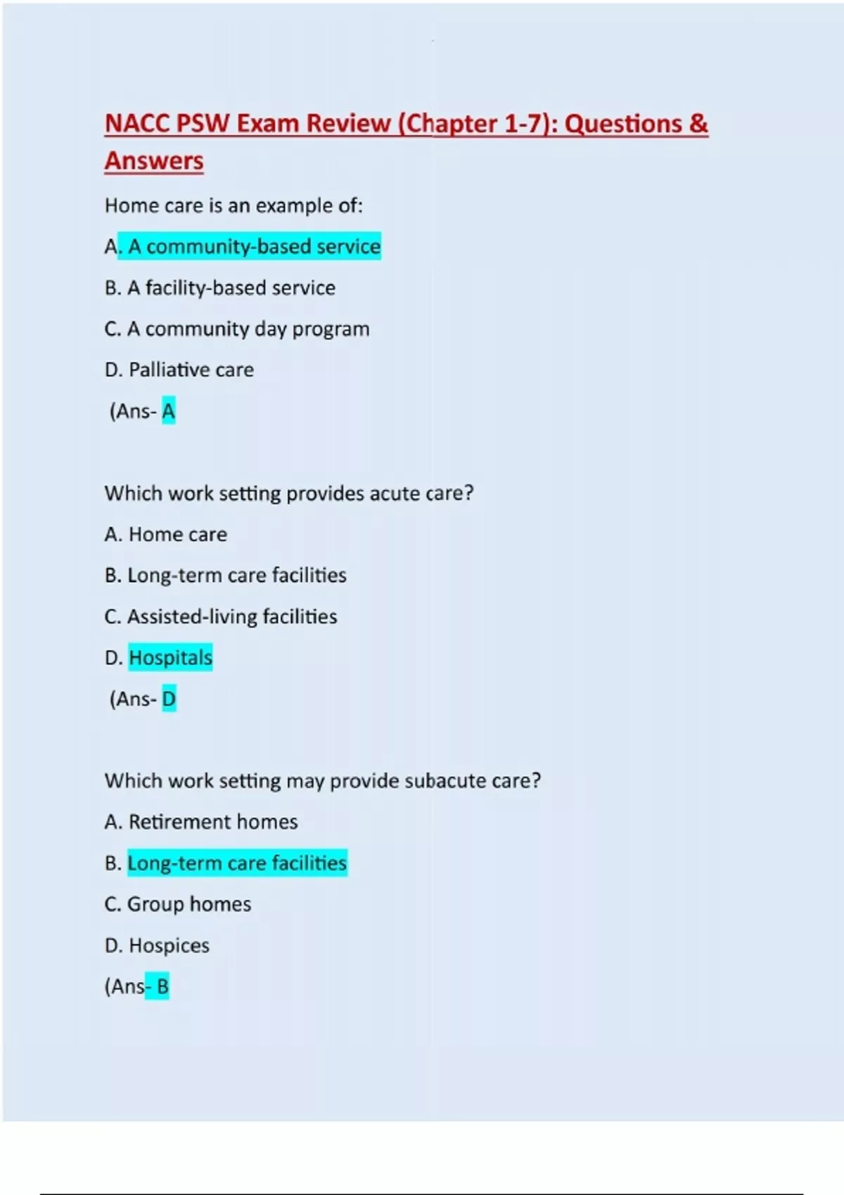 NACC/NACC PSW Exam Review (Chapter 1-7): Questions & Answers:Updated A+ ...