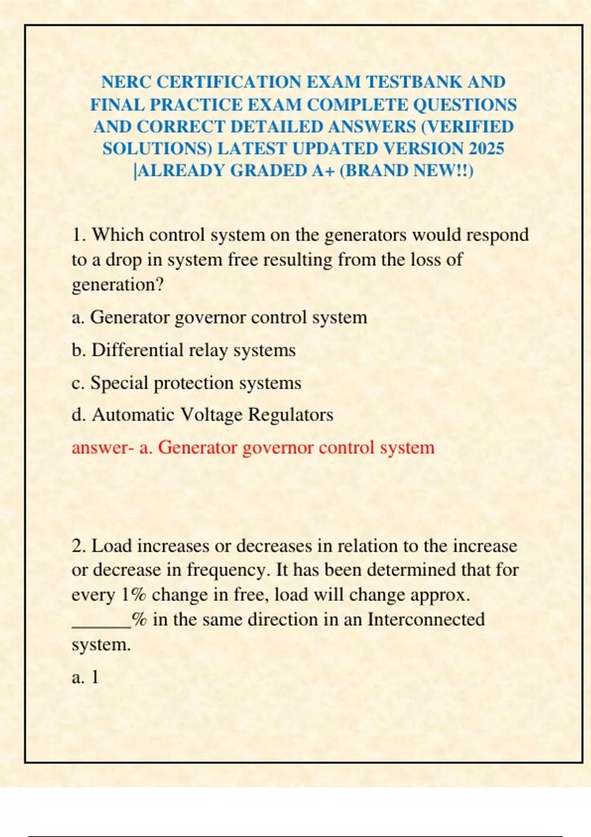 NERC CERTIFICATION EXAM TESTBANK AND FINAL PRACTICE EXAM COMPLETE ...