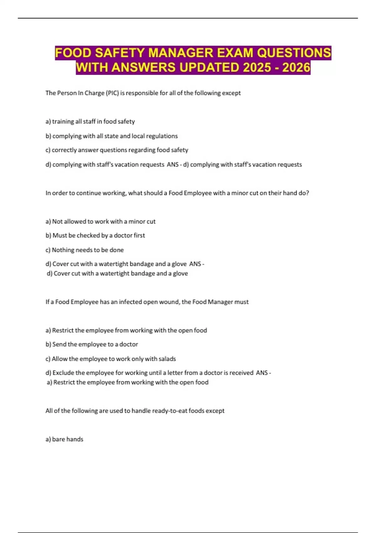 FOOD SAFETY MANAGER EXAM QUESTIONS WITH ANSWERS UPDATED - State Food ...