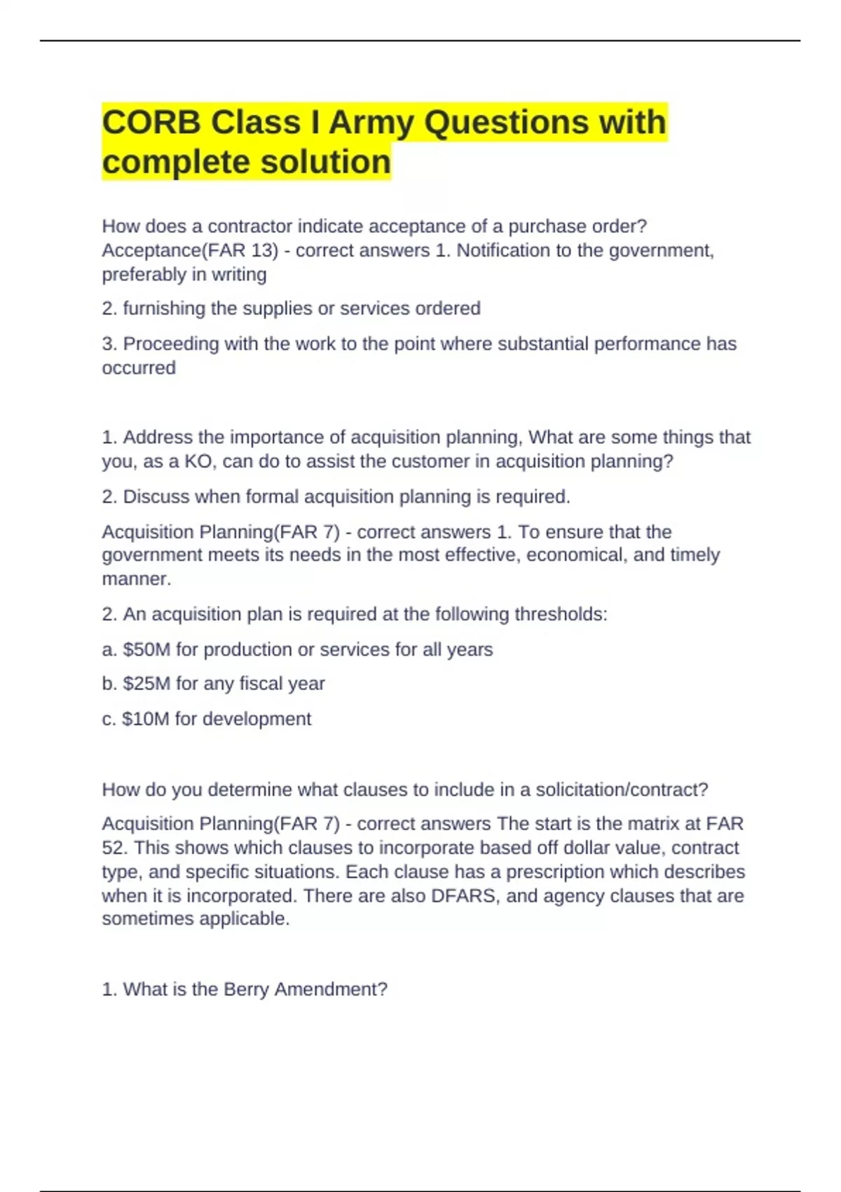 CORB Class I Army Questions with complete solution - CORB - Stuvia US