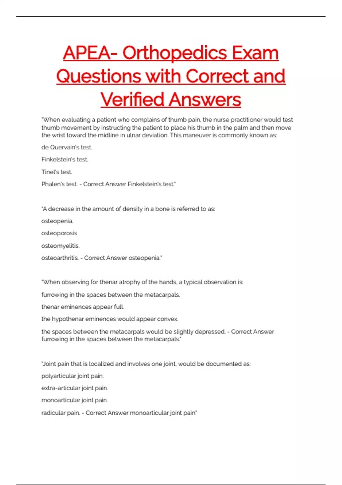 APEA- Orthopedics Exam Questions with Correct and Verified Answers ...