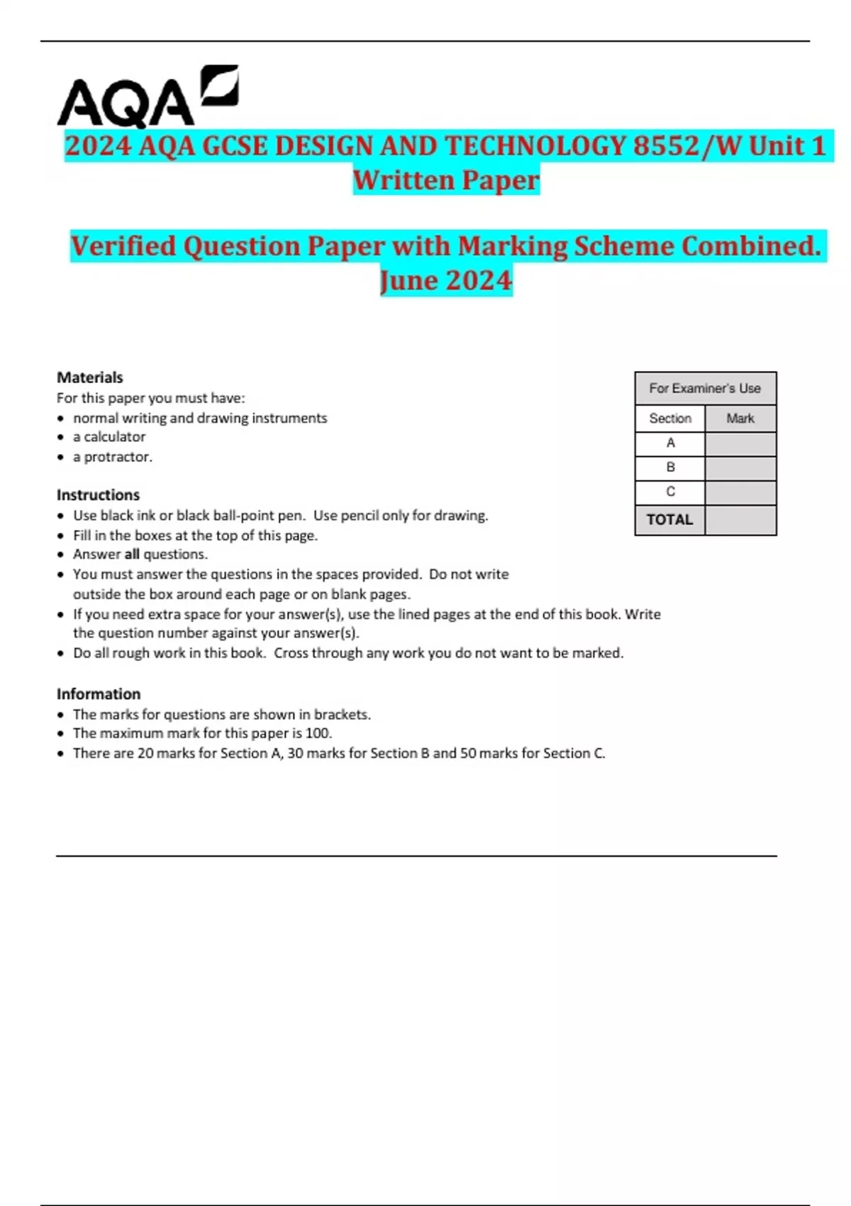 2024 AQA GCSE DESIGN AND TECHNOLOGY 8552/W Unit 1 Written Paper Verified Question Paper with ...