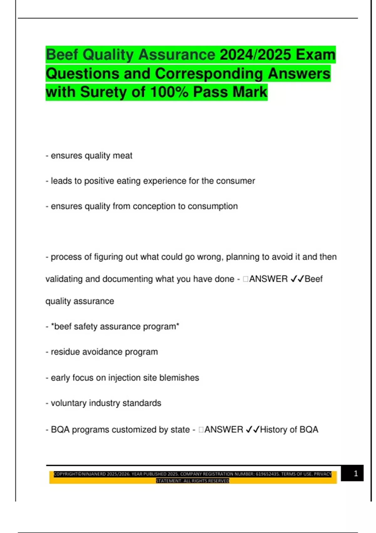 Beef Quality Assurance 2024/2025 Exam Questions and Corresponding ...
