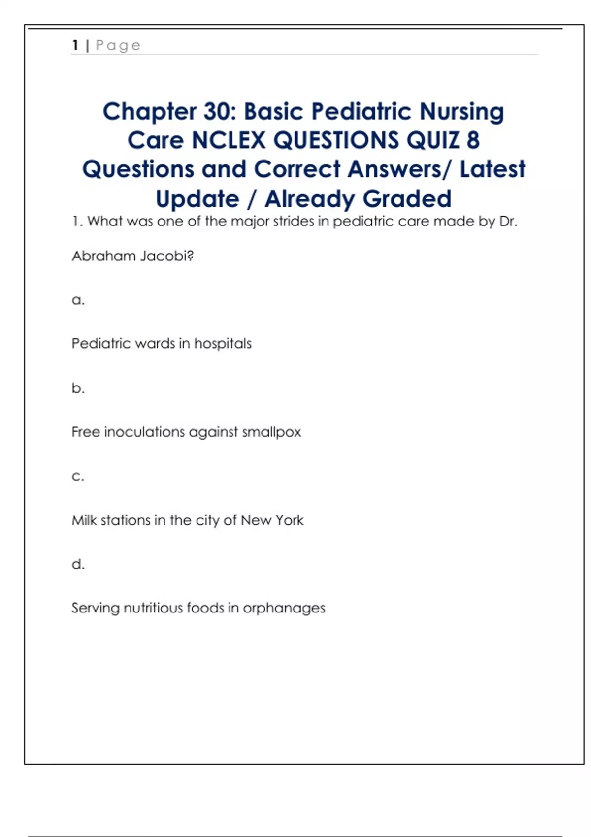 Chapter 30 Basic Pediatric Nursing Care Nclex Questions Quiz 8