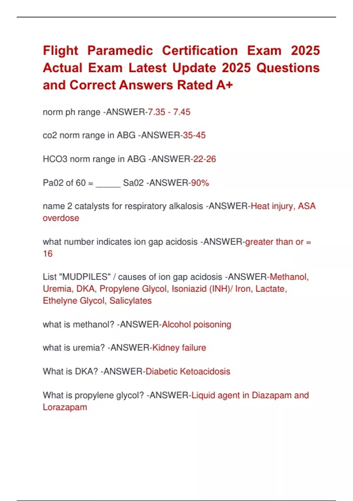 Flight Paramedic Certification Exam 2025 Actual Exam Latest Update 2025 ...
