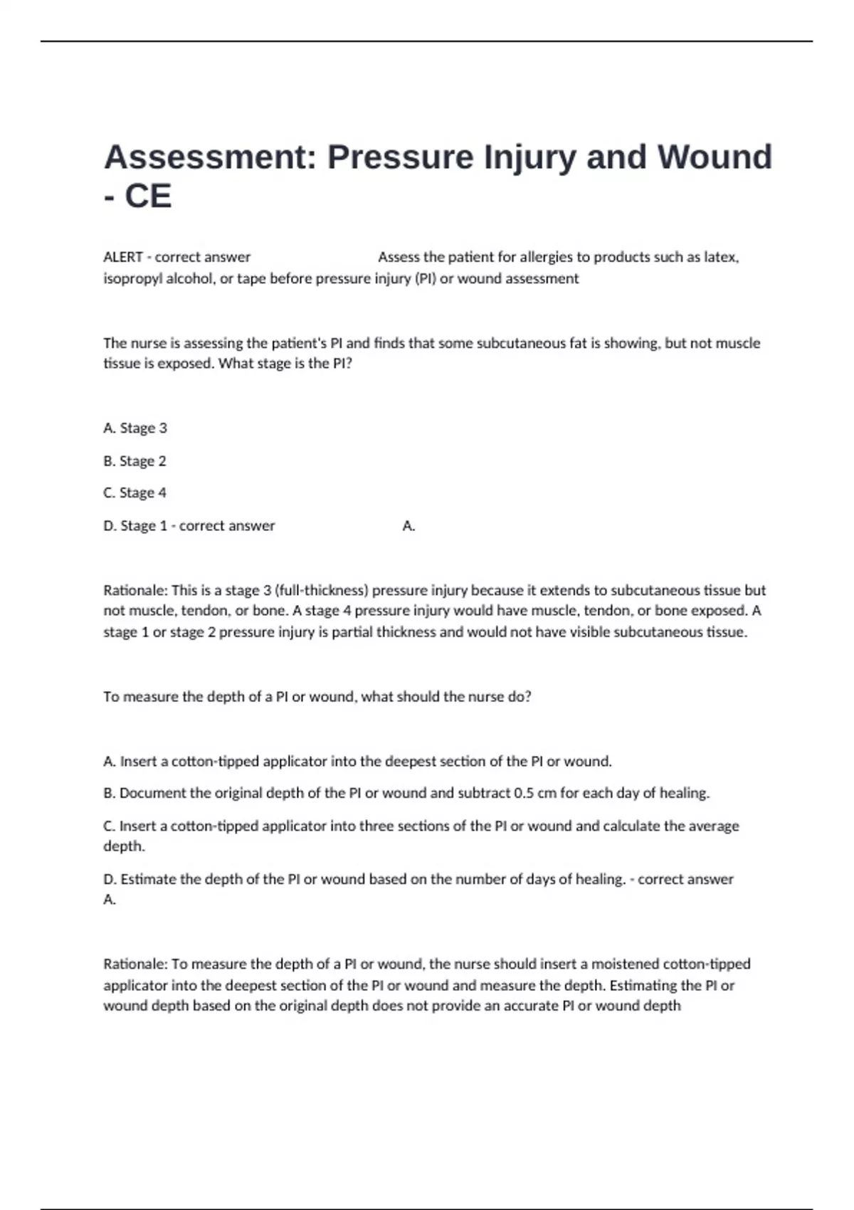 Assessment: Pressure Injury and Wound – CE Actual Exam Questions With ...