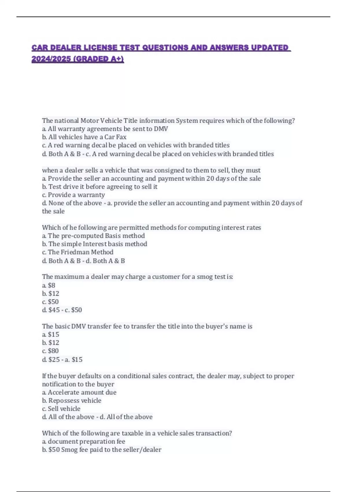 CAR DEALER LICENSE TEST QUESTIONS AND ANSWERS UPDATED 2024/2025 (GRADED ...