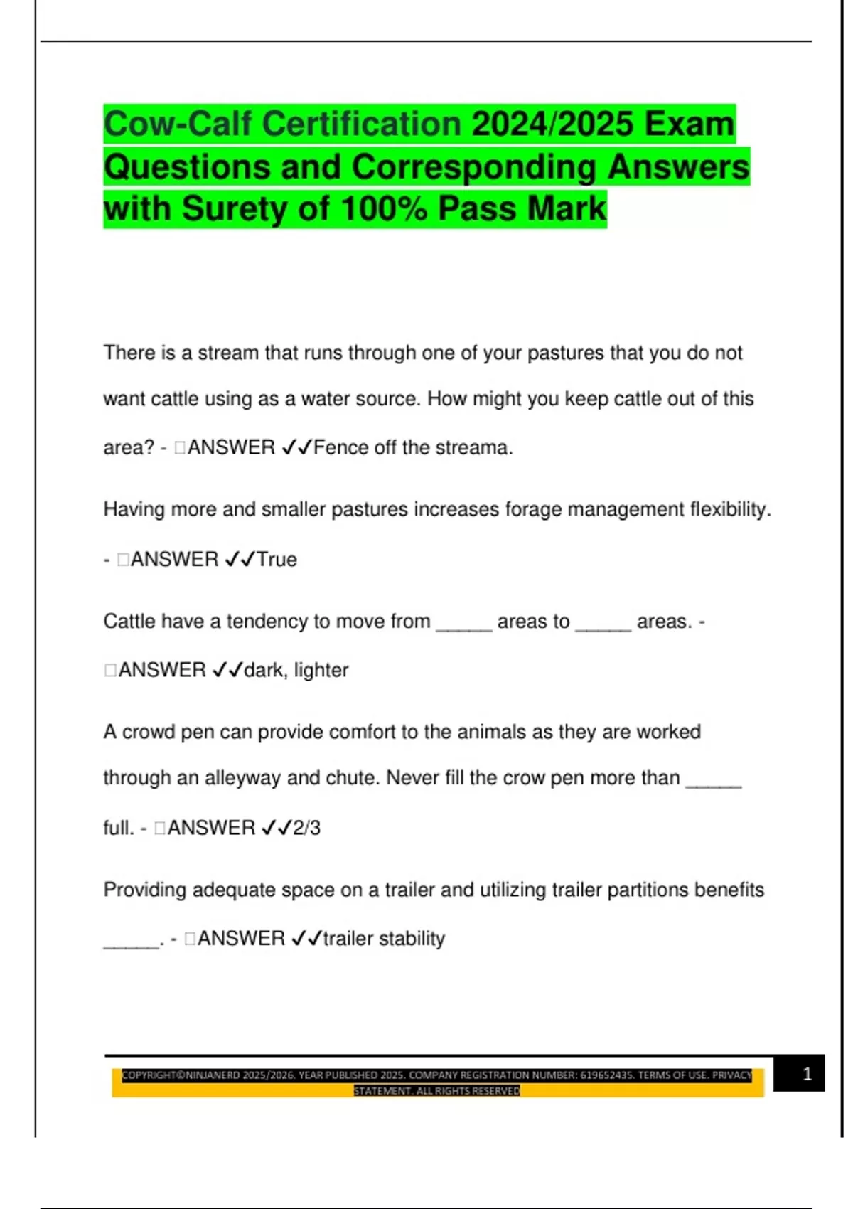 Cow-Calf Certification 2024/2025 Exam Questions and Corresponding ...