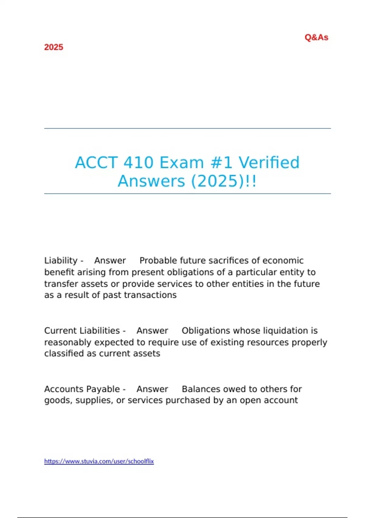ACCT 410 Exam -1 Verified Answers (2025)!! - ACCT 410 - Stuvia US