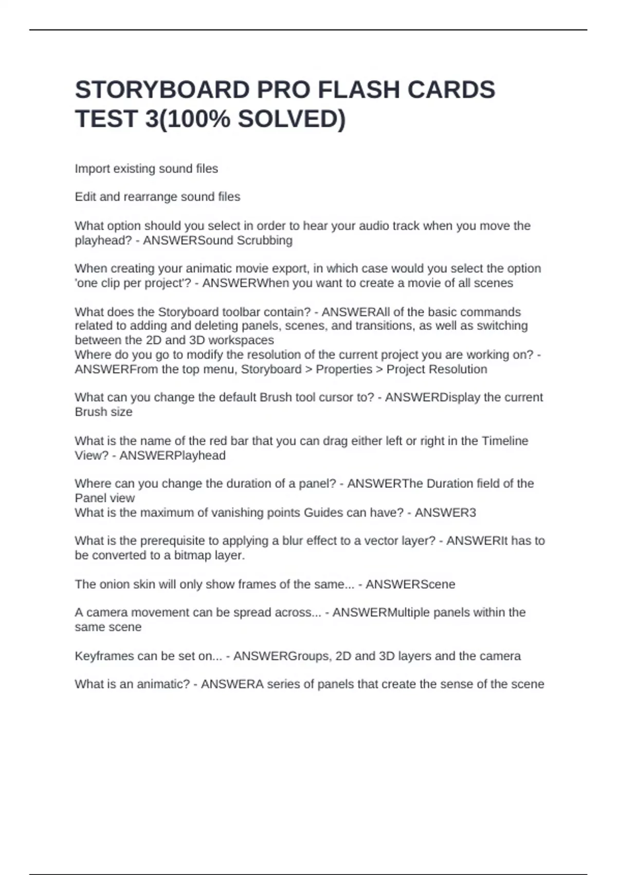 STORYBOARD PRO FLASH CARDS TEST 3(100% SOLVED) - STORYBOARD PRO - Stuvia US