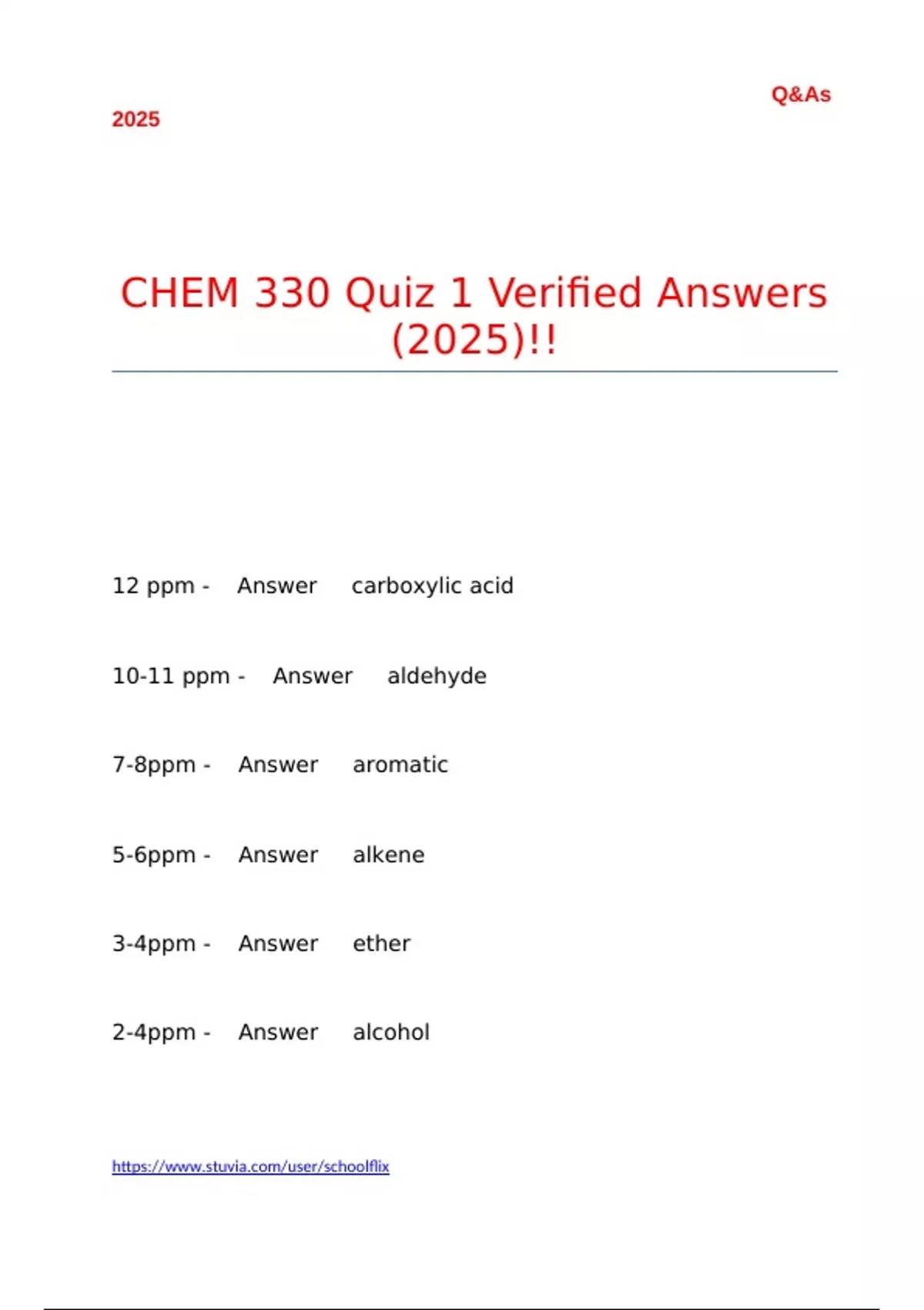 CHEM 330 Quiz 1 Verified Answers (2025)!! - CHEM 330 - Stuvia US