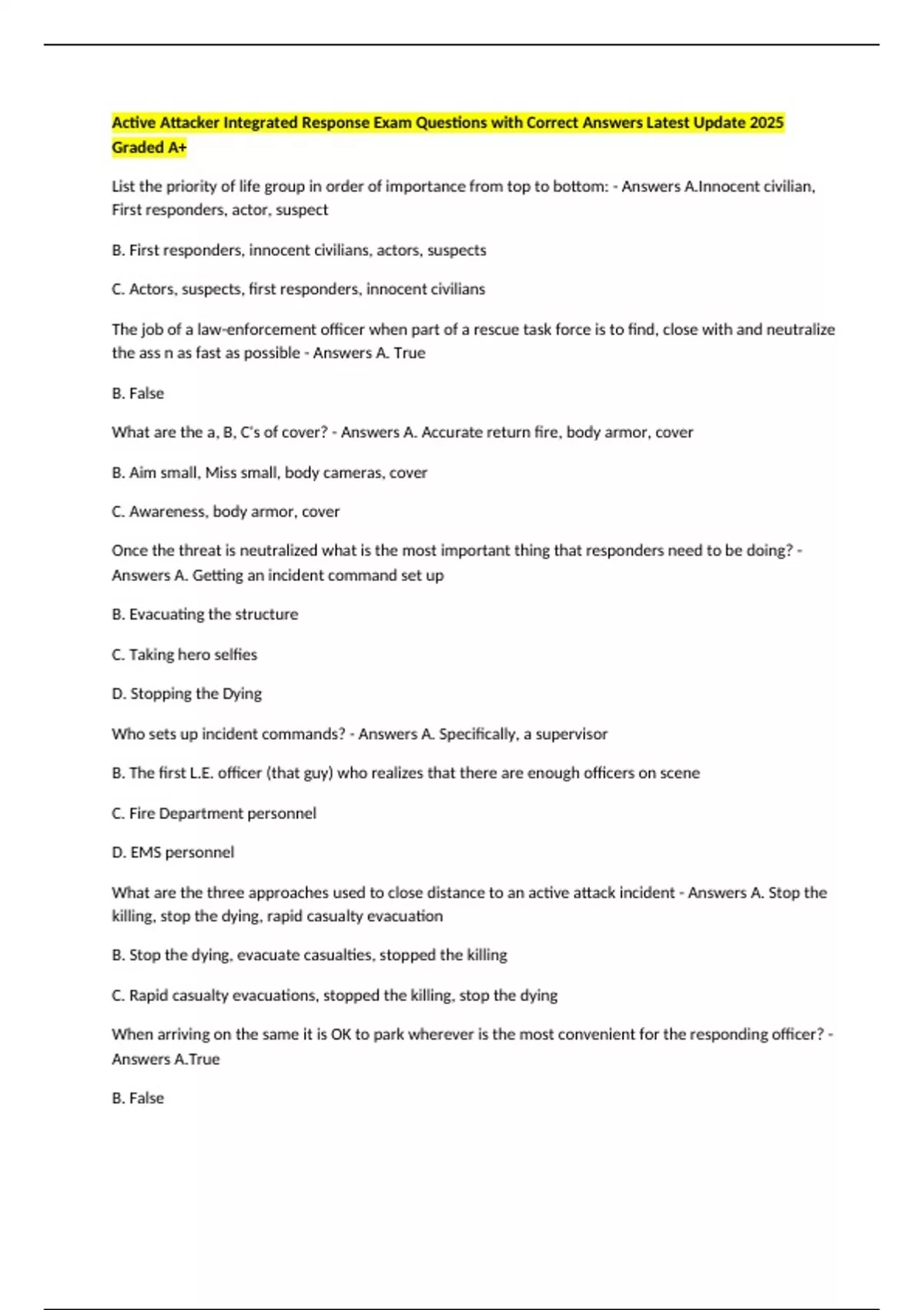 Active Attacker Integrated Response Exam Questions with Correct Answers ...