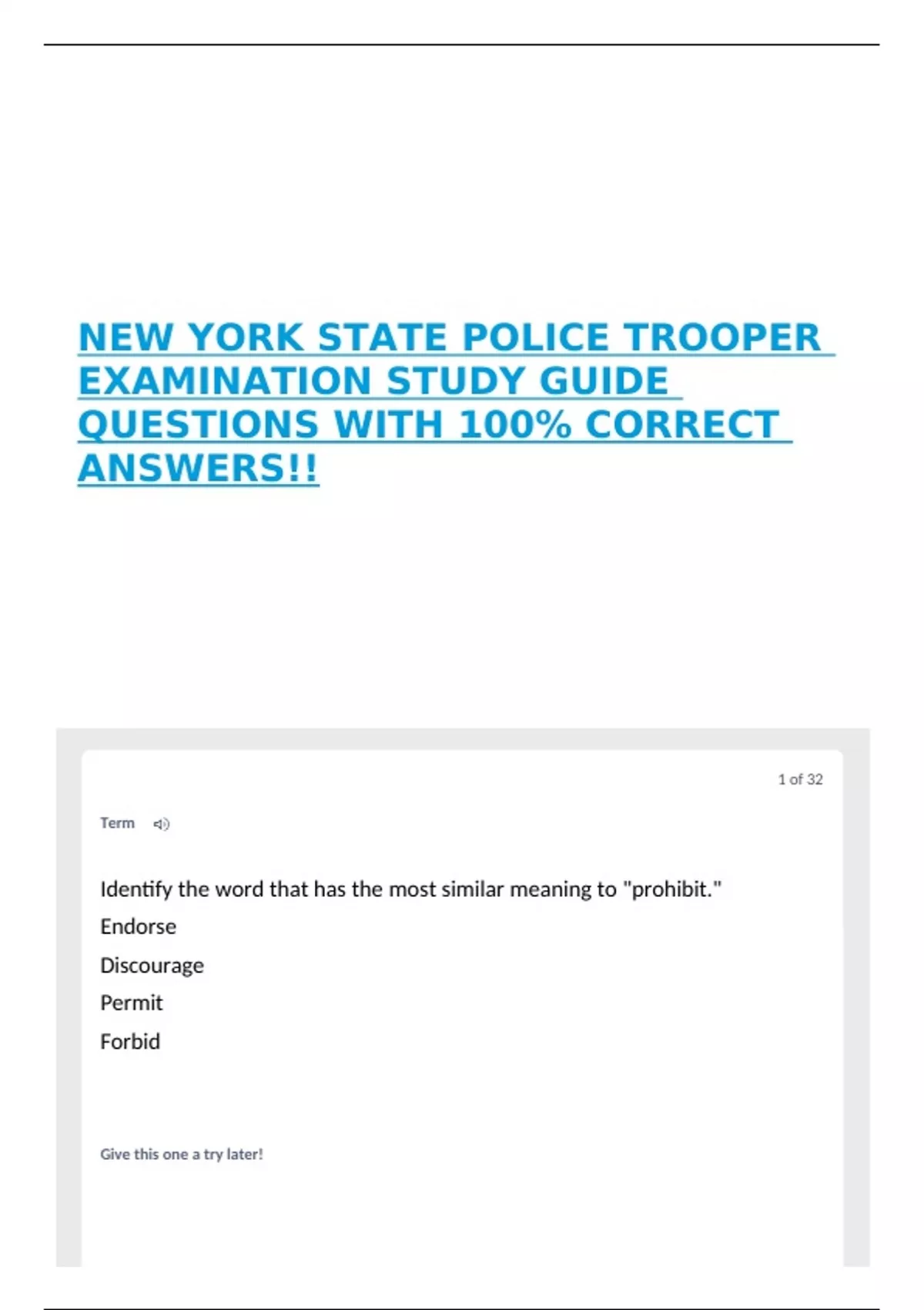 NEW YORK STATE POLICE TROOPER EXAMINATION STUDY GUIDE QUESTIONS WITH ...