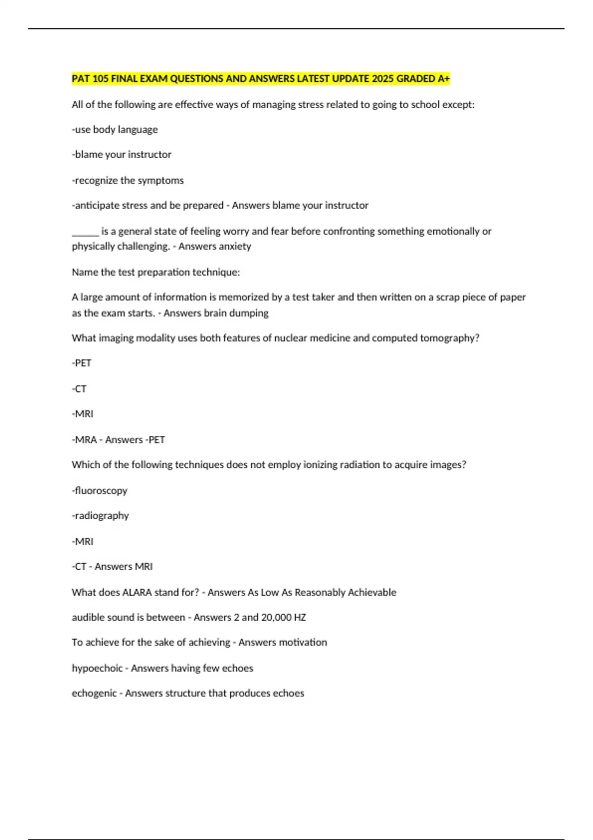 PAT 105 FINAL EXAM QUESTIONS AND ANSWERS LATEST UPDATE 2025 GRADED A+ ...