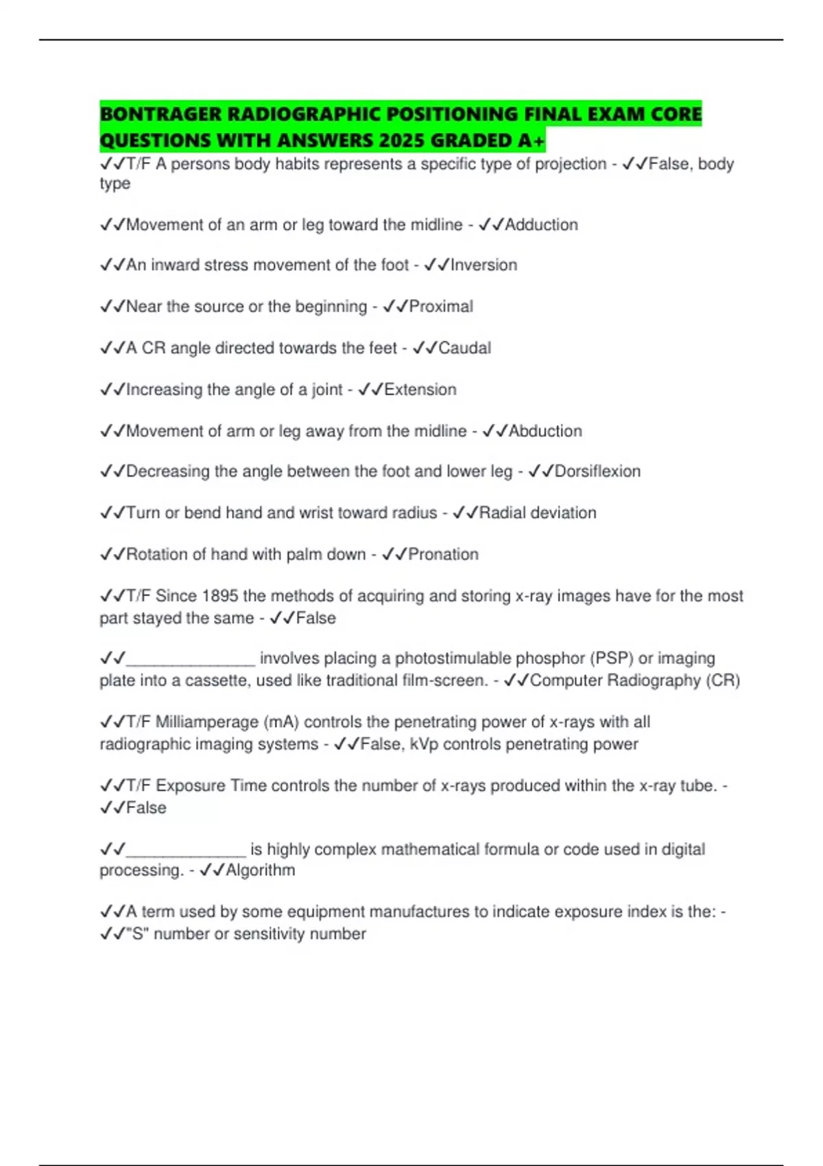 BONTRAGER RADIOGRAPHIC POSITIONING FINAL EXAM CORE QUESTIONS WITH ...