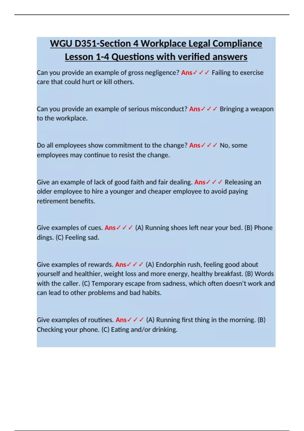 WGU D351-Section 4 Workplace Legal Compliance Lesson 1-4 Questions with ...
