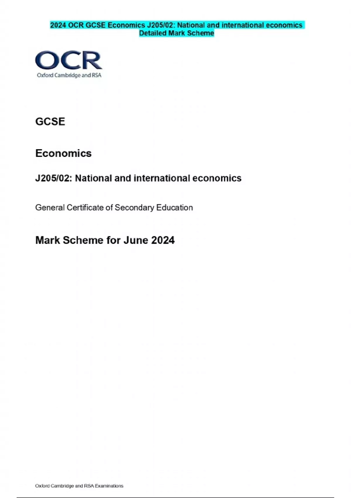 2024 OCR GCSE Economics J205/02: National and international economics ...