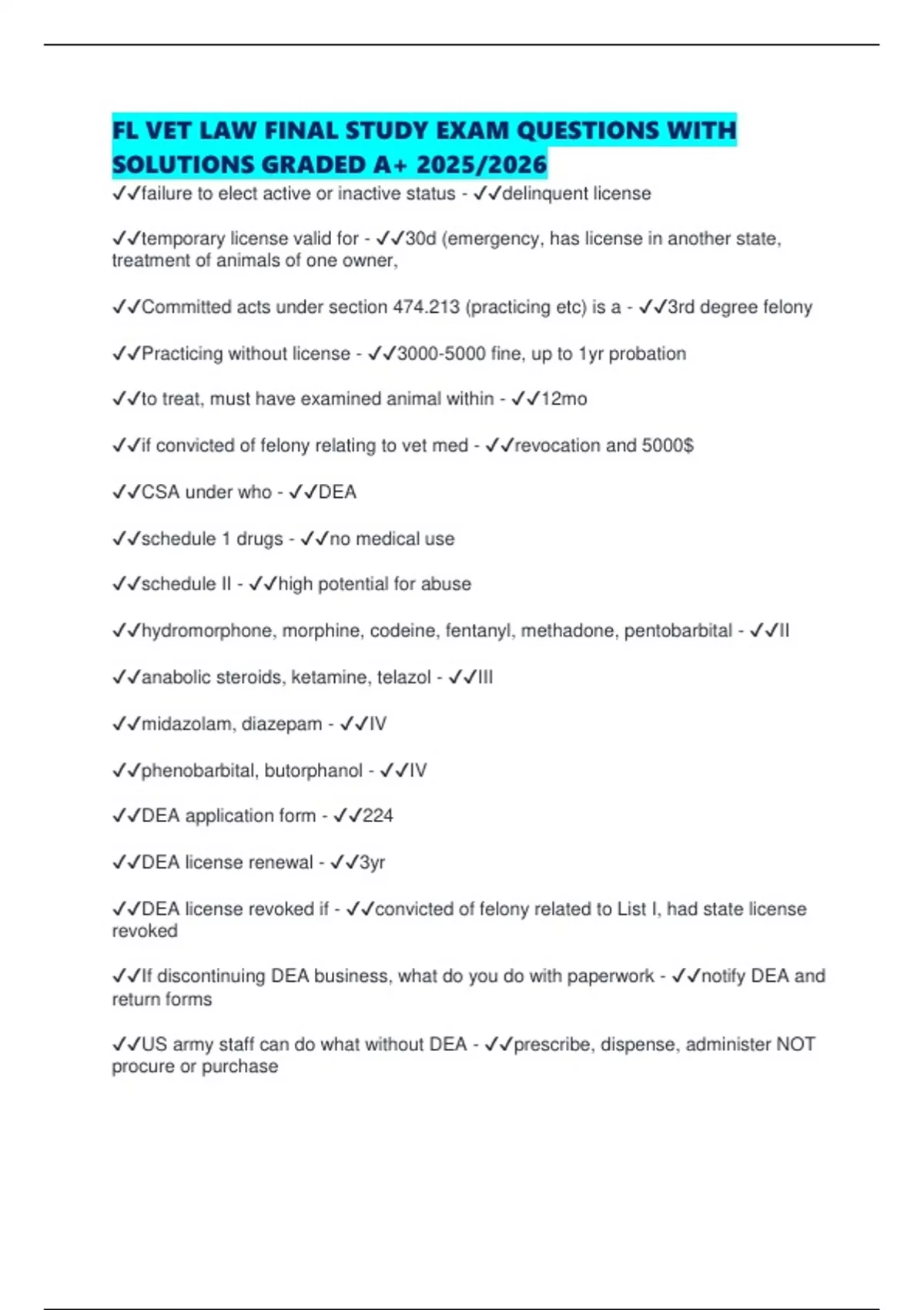 FL VET LAW FINAL STUDY EXAM QUESTIONS WITH SOLUTIONS GRADED A+ 2025/ ...