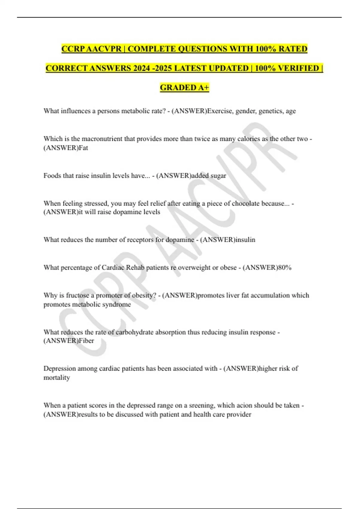 CCRP AACVPR | COMPLETE QUESTIONS WITH 100% RATED CORRECT ANSWERS LATEST ...