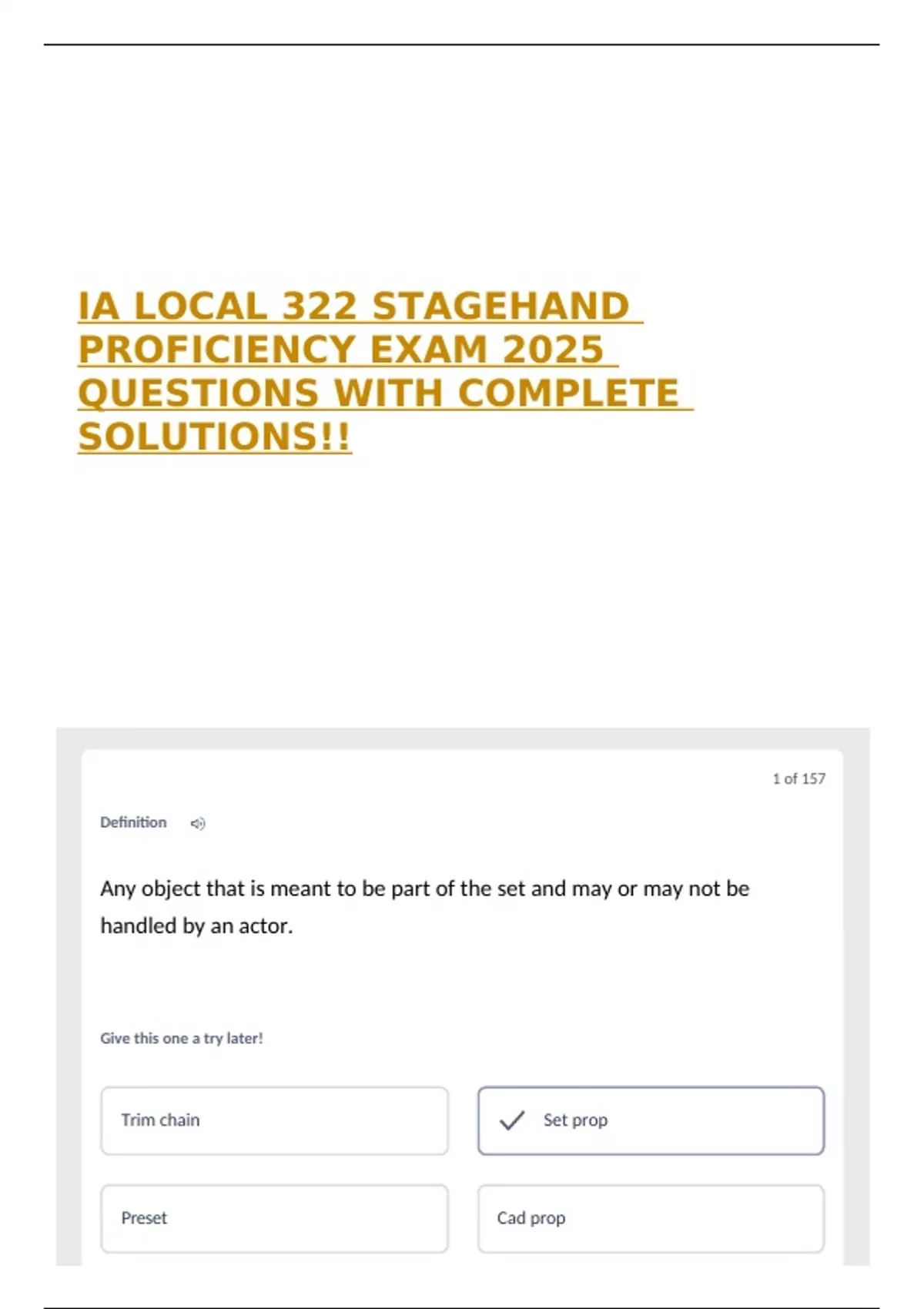 IA LOCAL 322 STAGEHAND PROFICIENCY EXAM 2025 QUESTIONS WITH COMPLETE ...